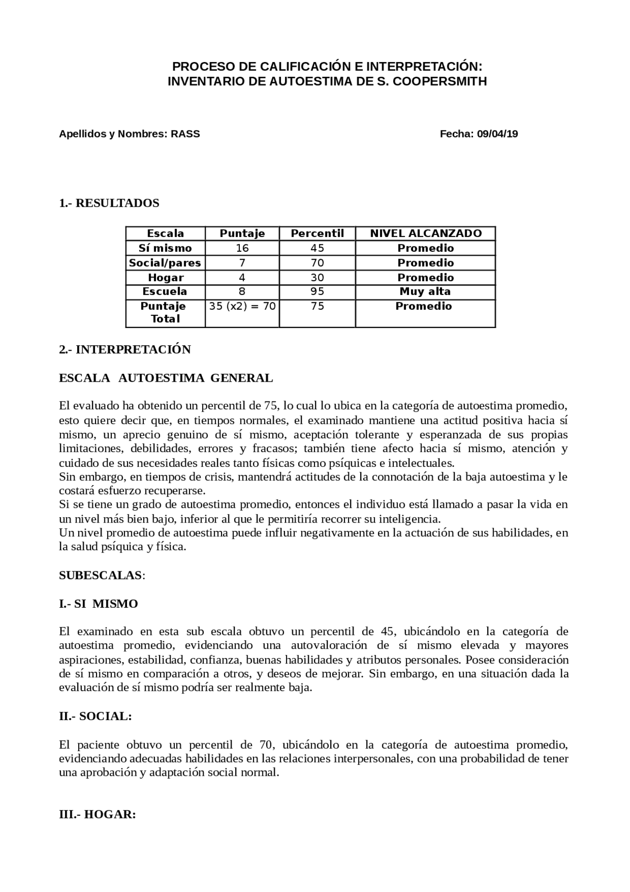 Test de cooper smith - Docsity