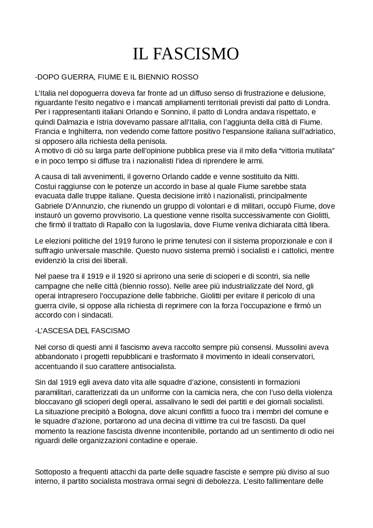 Riassunto Sul Fascismo Docsity