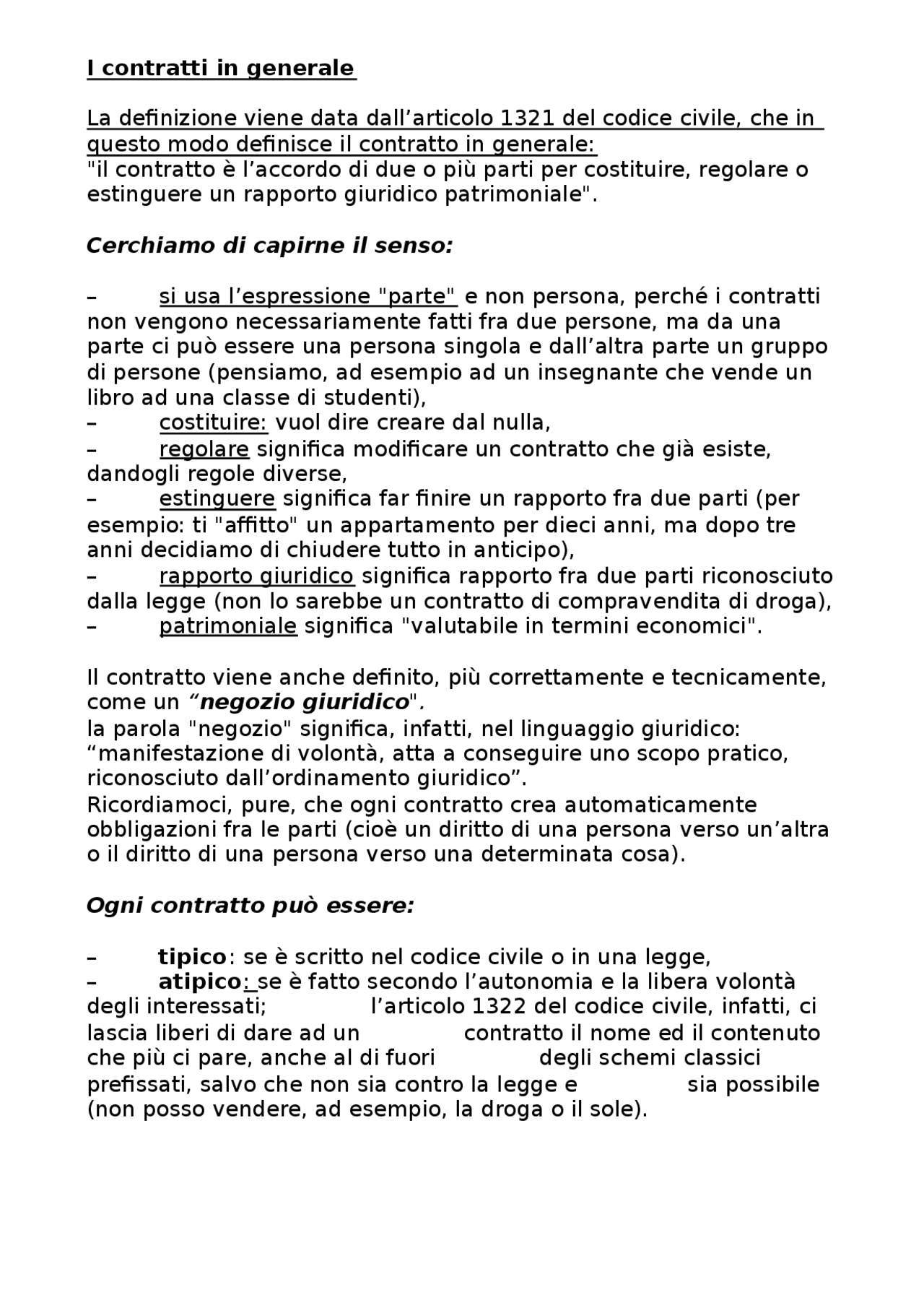 Il contratto in Diritto privato | Study notes of Private law | Docsity