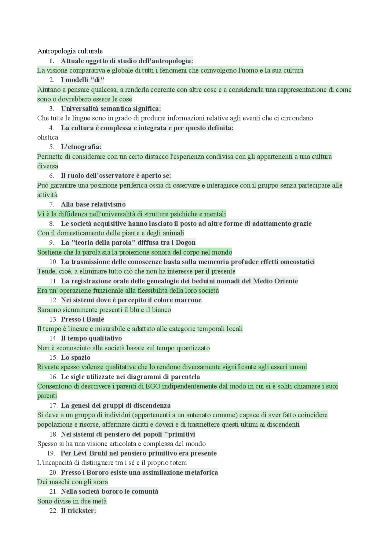 Test Unipegaso Antropologia Culturale Docsity