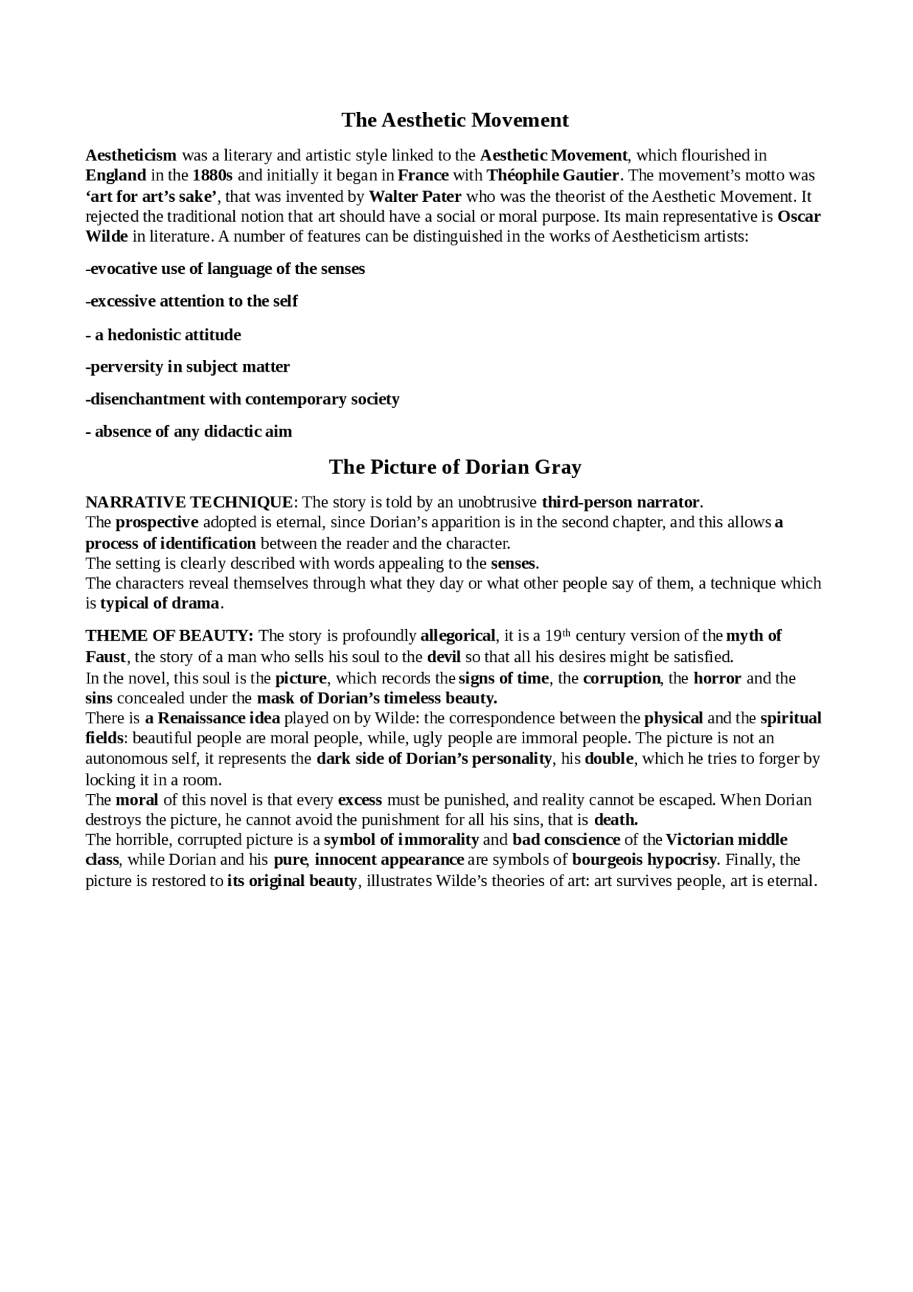 The Aesthetic Movement - The Picture of Dorian Gray - Docsity