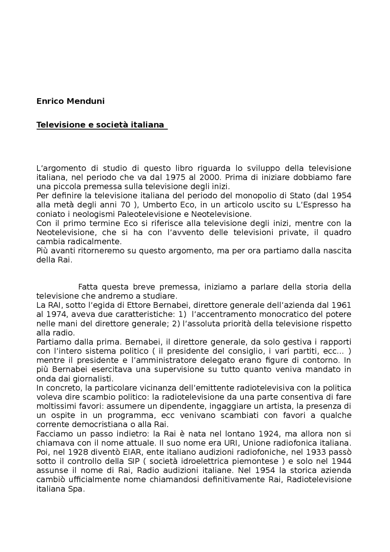 Enrico Menduni Televisione E Società Italiana Docsity