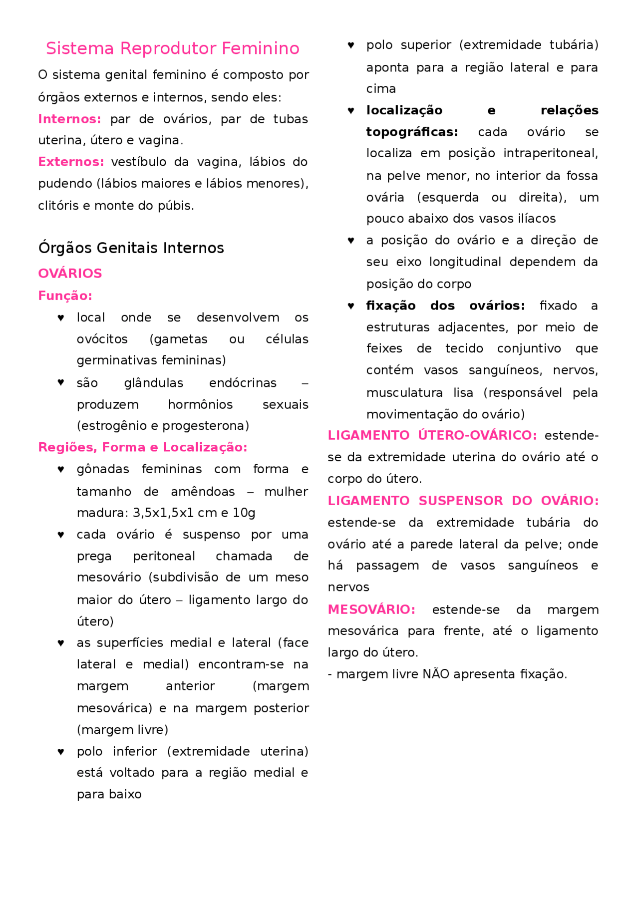Sistema Reprodutorgenital Feminino Anatomia Docsity