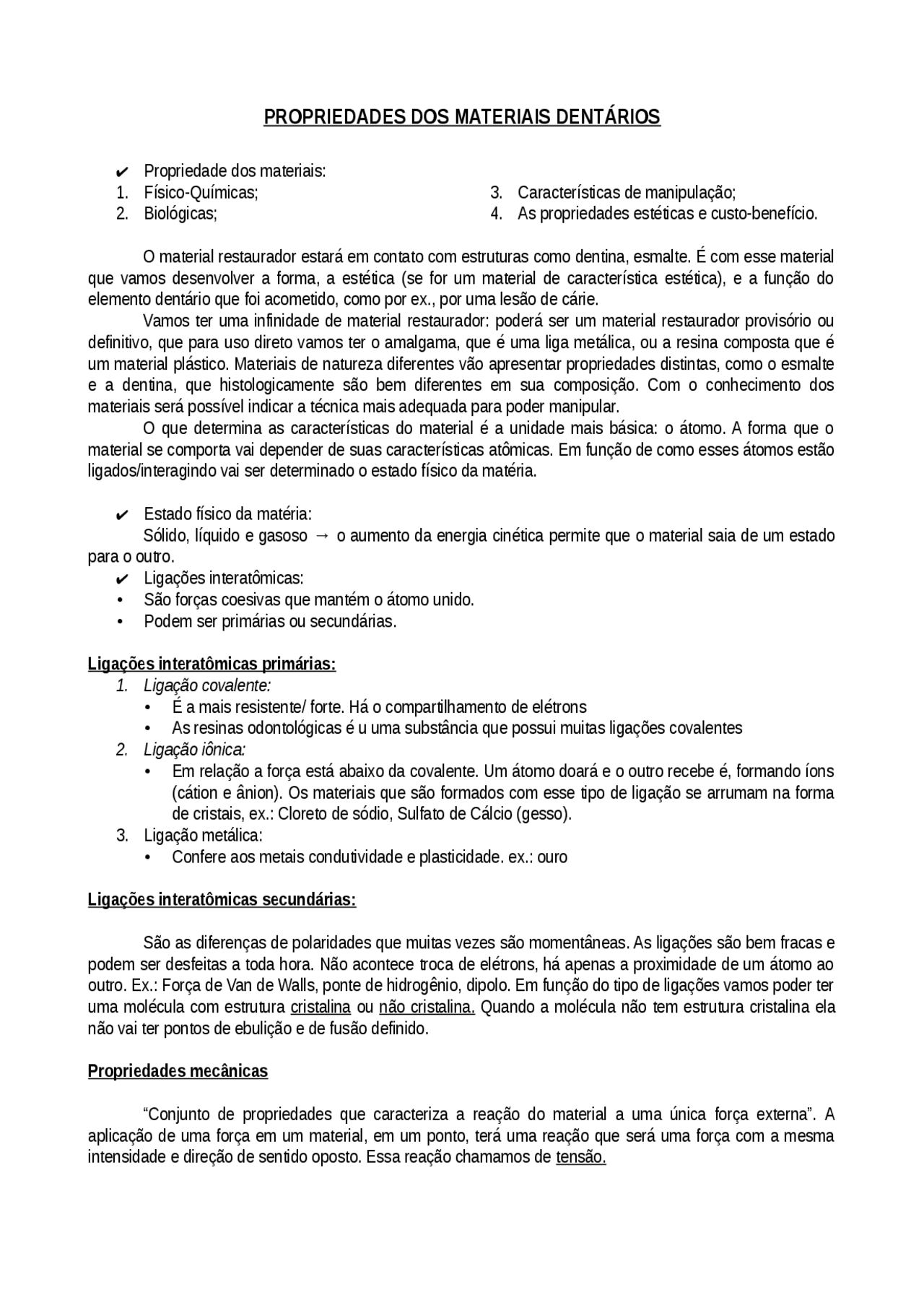 Propriedade Dos Materiais Dentários Esquemas Odontologia Docsity