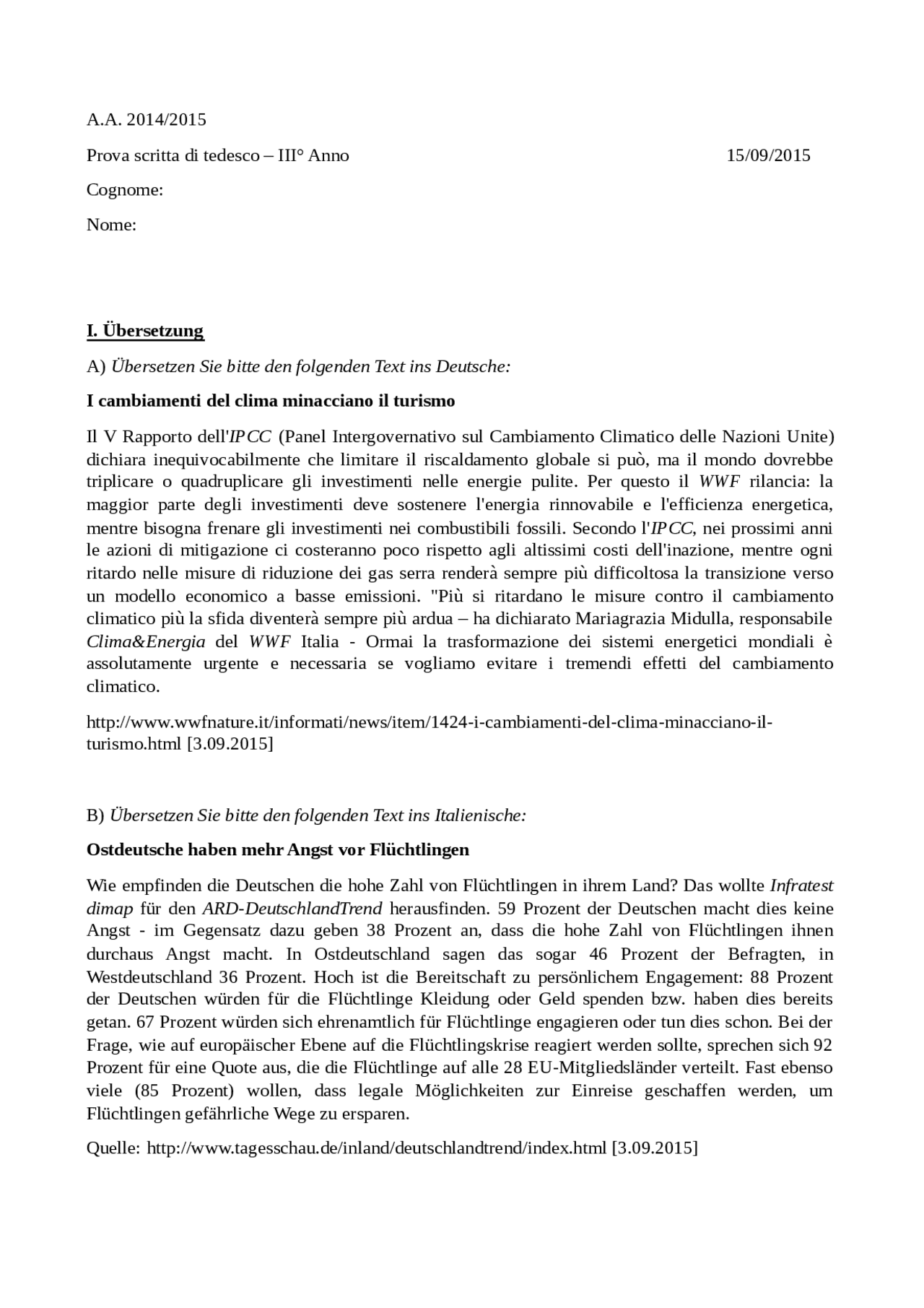 Esame Scritto Tedesco Iii Grammatica Lessico E Comprensione Docsity