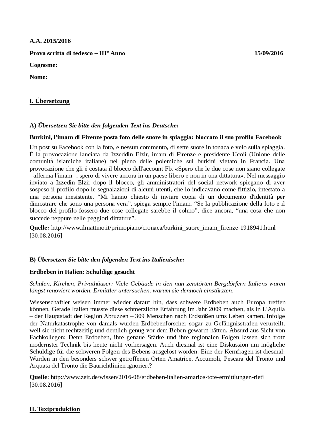 Esame Scritto Tedesco Iii Grammatica Lessico E Comprensione Prove D