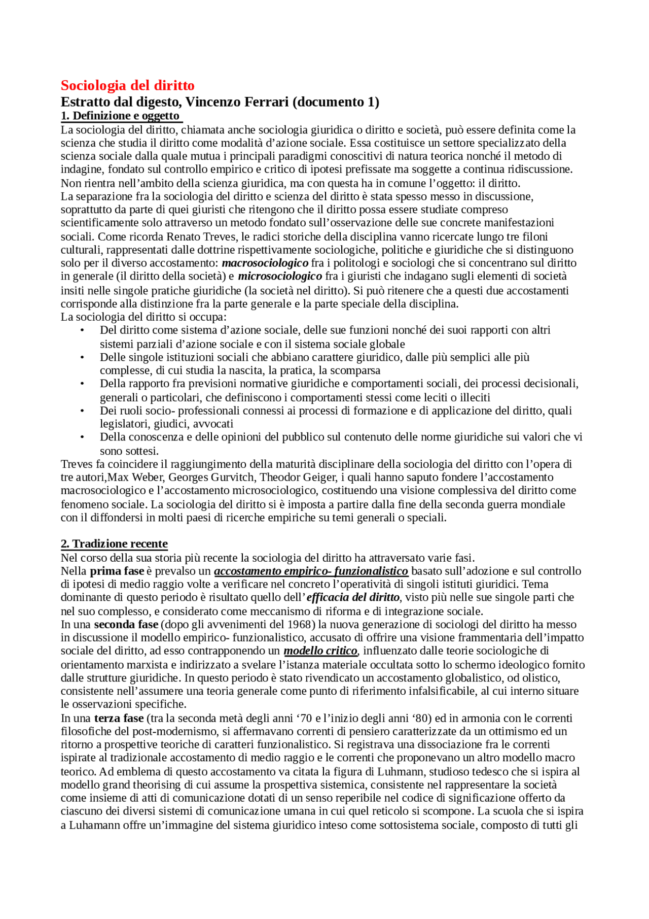Riassunto Sociologia Del Diritto Vincenzo Ferrari Docsity