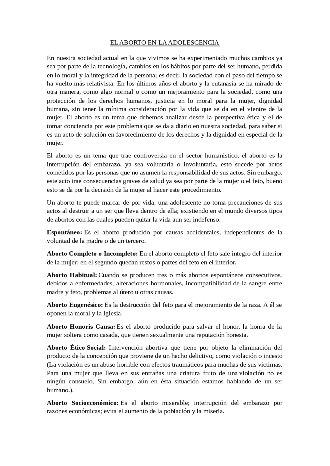 El Aborto En La Adolescencia Apuntes De Sociología Y ética Docsity