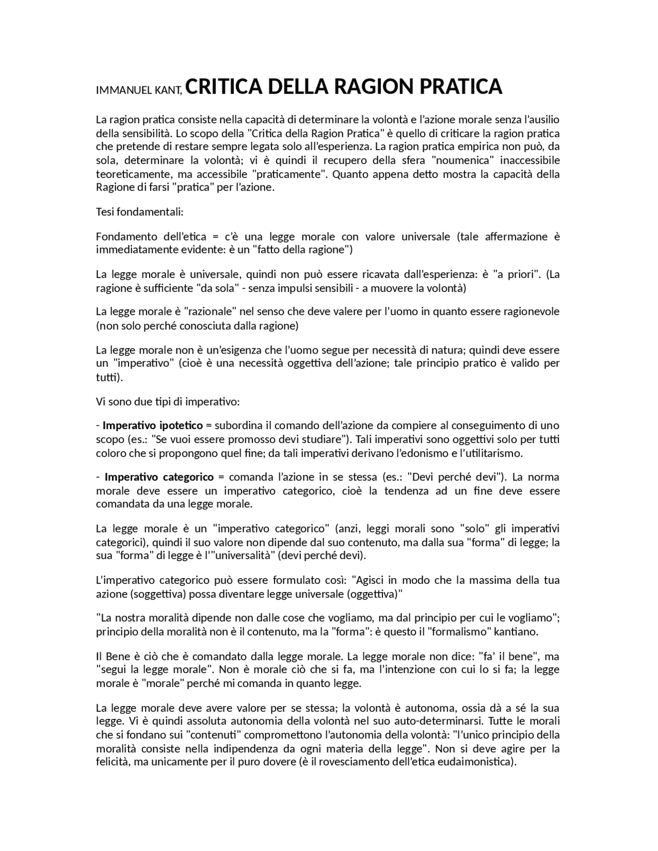 Critica Della Ragion Pratica Kant Docsity