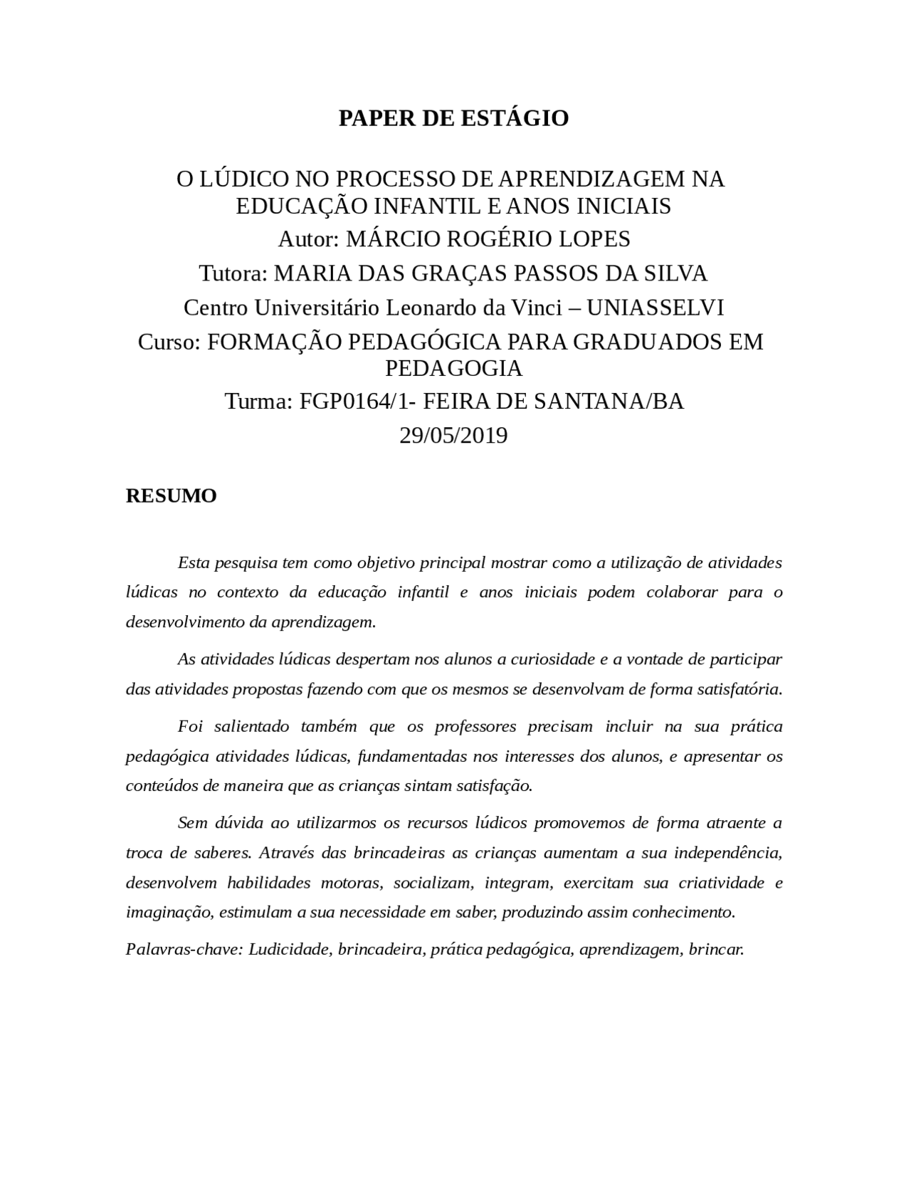 Paper Do Estágio De Pedagogia Trabalhos Pedagogia Docsity