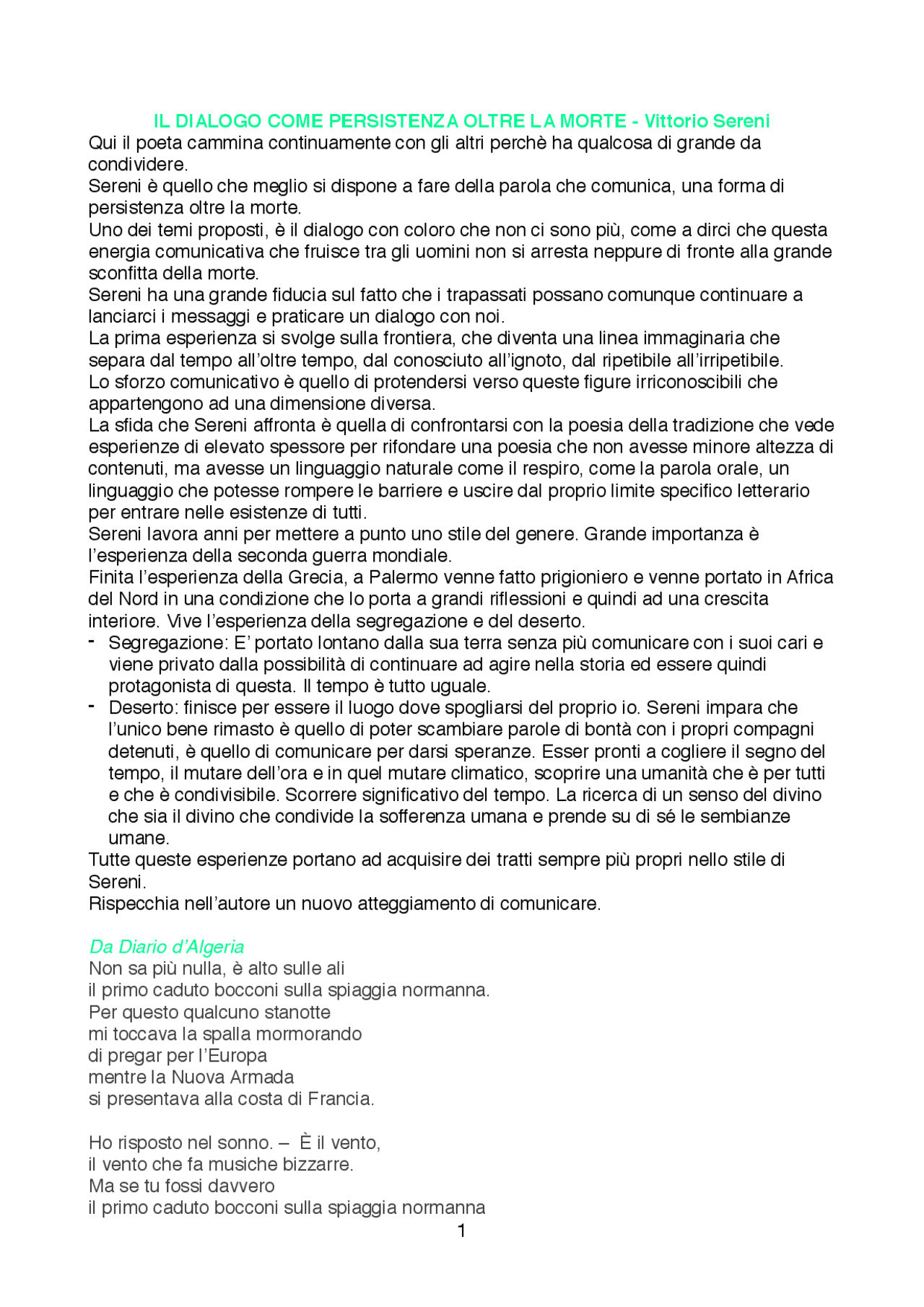 Riassunto Vittorio Sereni Docsity