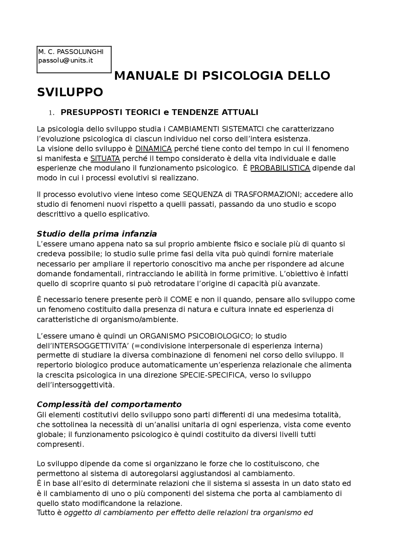 Manuale Di Psicologia Dello Sviluppo Appunti Docsity