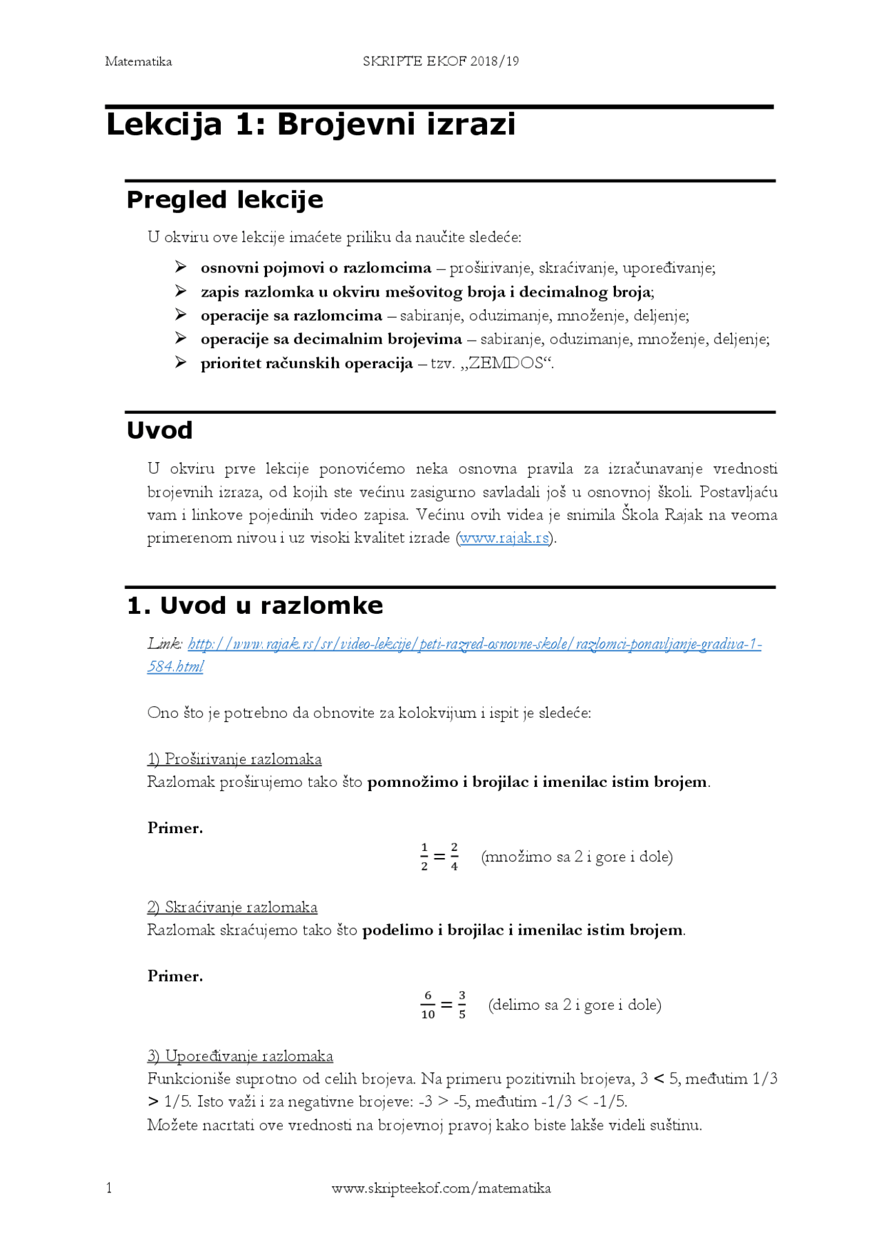 Brojevni izrazi: pojmovi i operacije sa razlomcima | Skripte' predlog ...