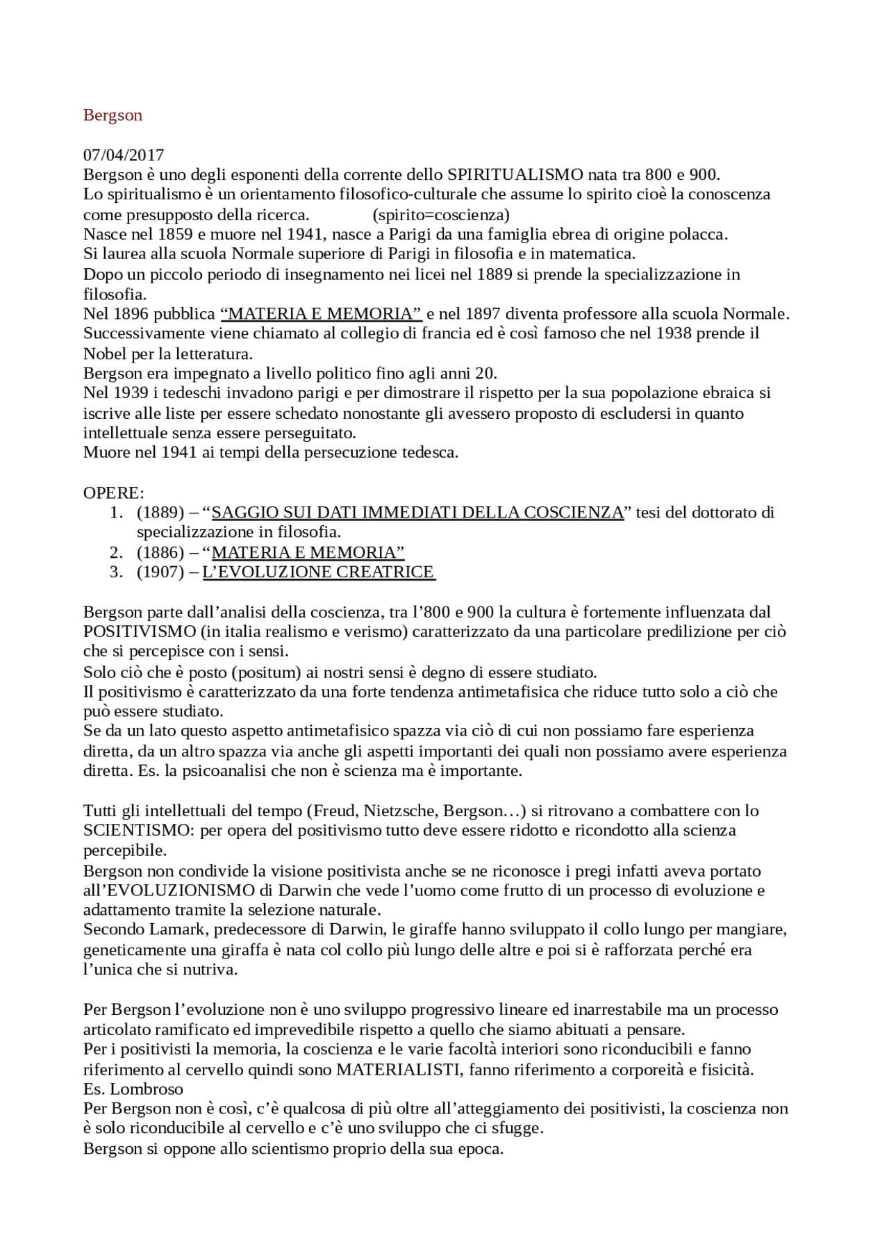 Bergson Appunti Di Filosofia Docsity