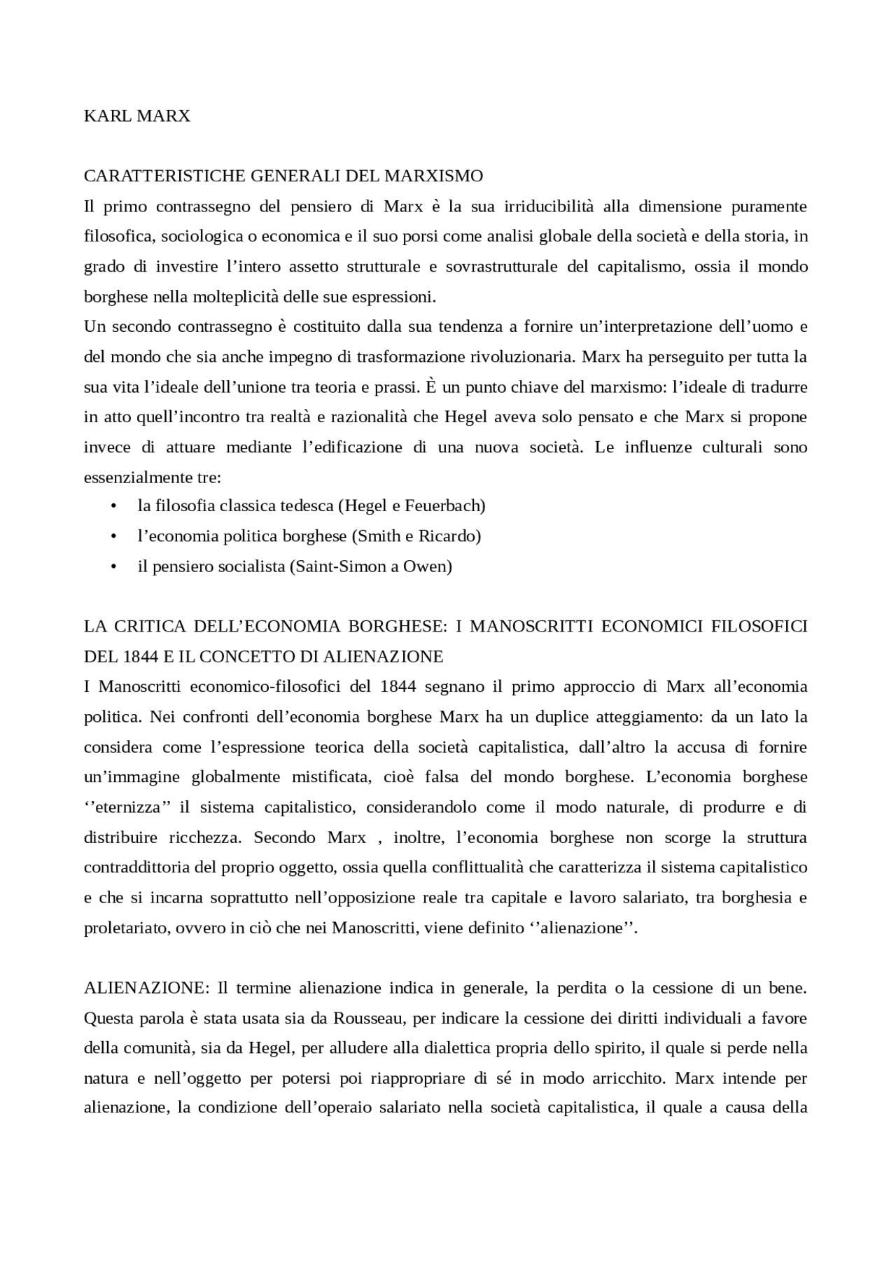 Karl Marx Sintesi Opere Principali Docsity