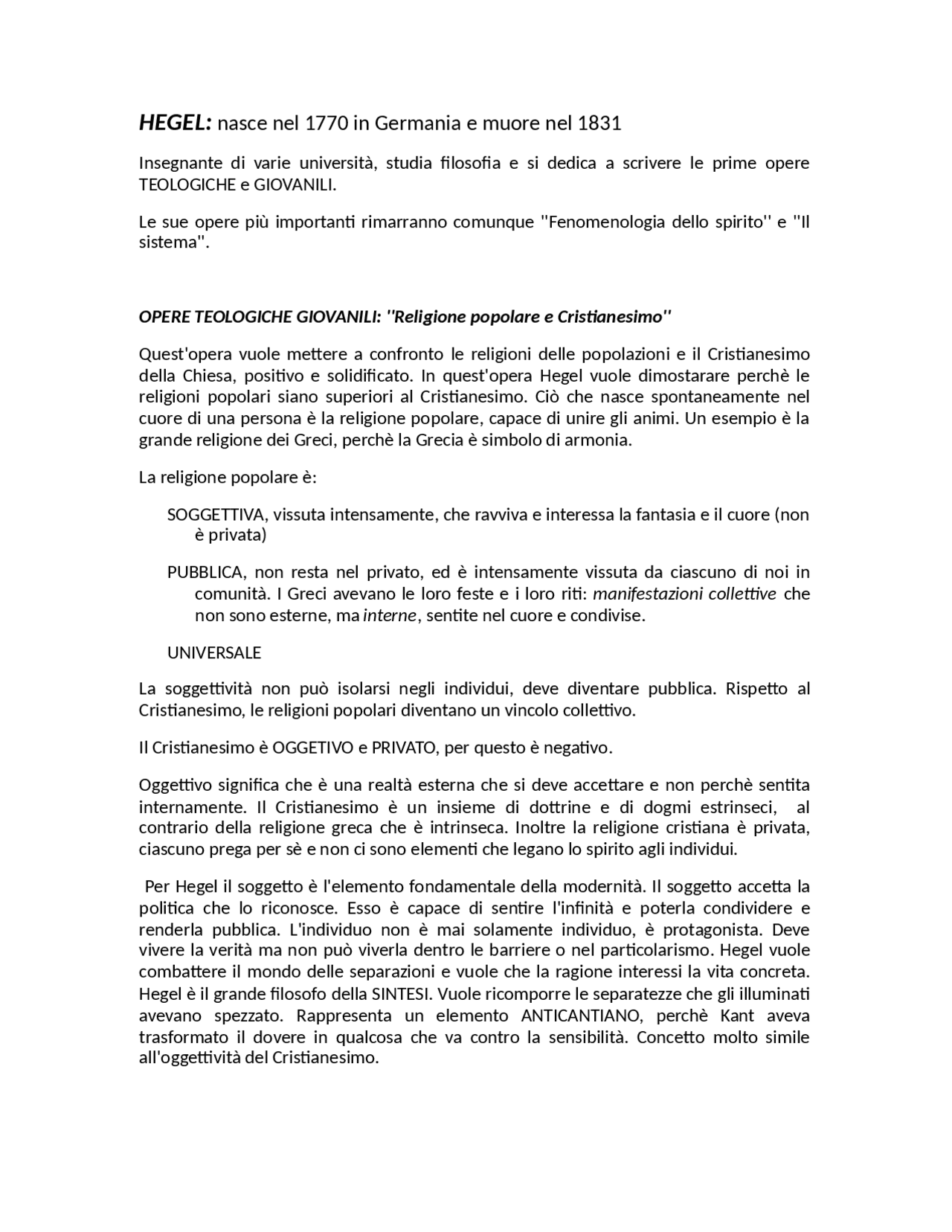 Hegel Sintesi Opere Principali Docsity