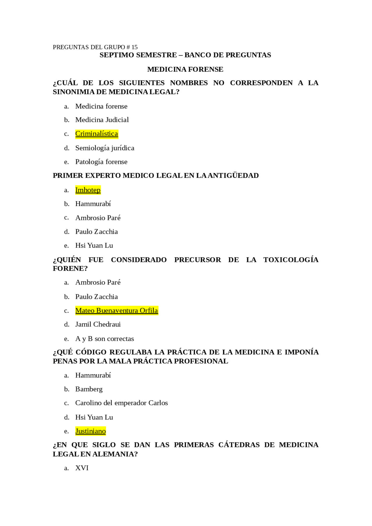 Banco de preguntas medicina forense - Docsity