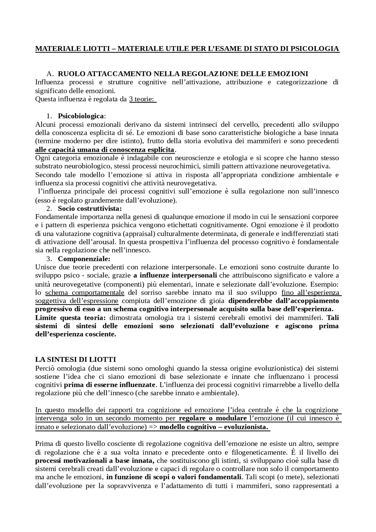 Materiale Liotti Per Prima Prova Esame Di Stato Psicologia Docsity