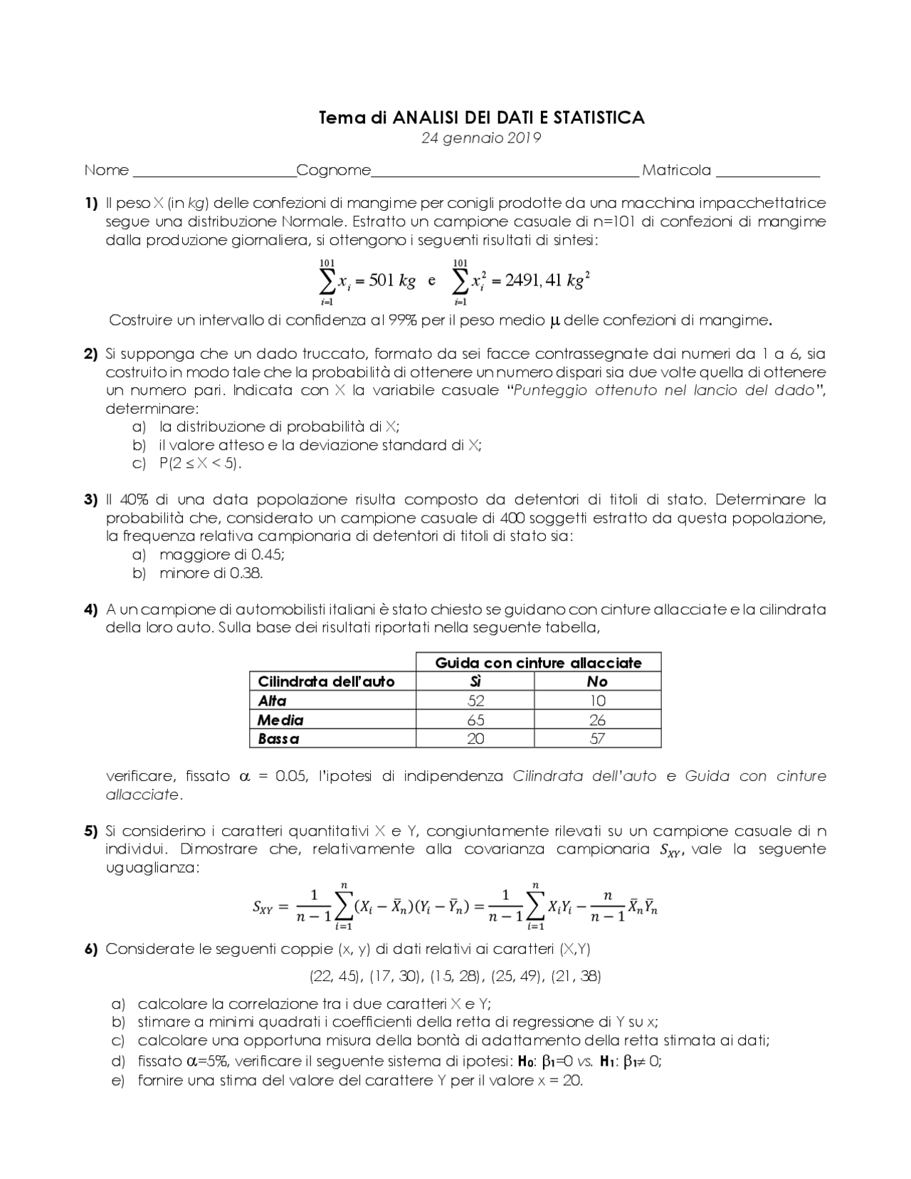 Prova Desame Statistica Docsity