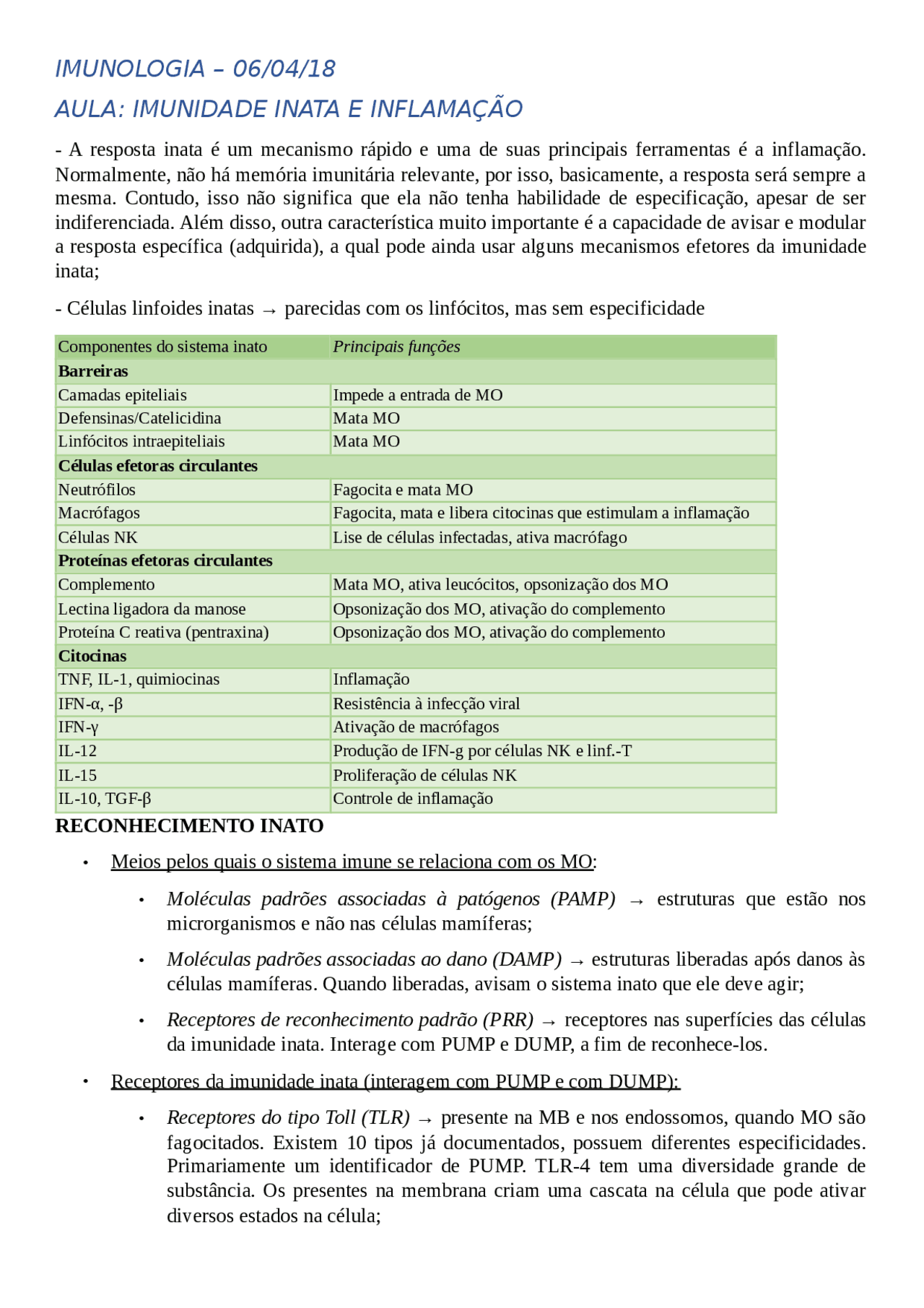 Imunidade Inata E Inflamação Esquemas Imunologia Docsity