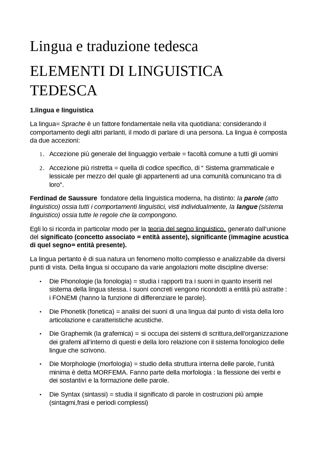 Linguistica Tedesca Di Lingua E Traduzione 1°anno Docsity