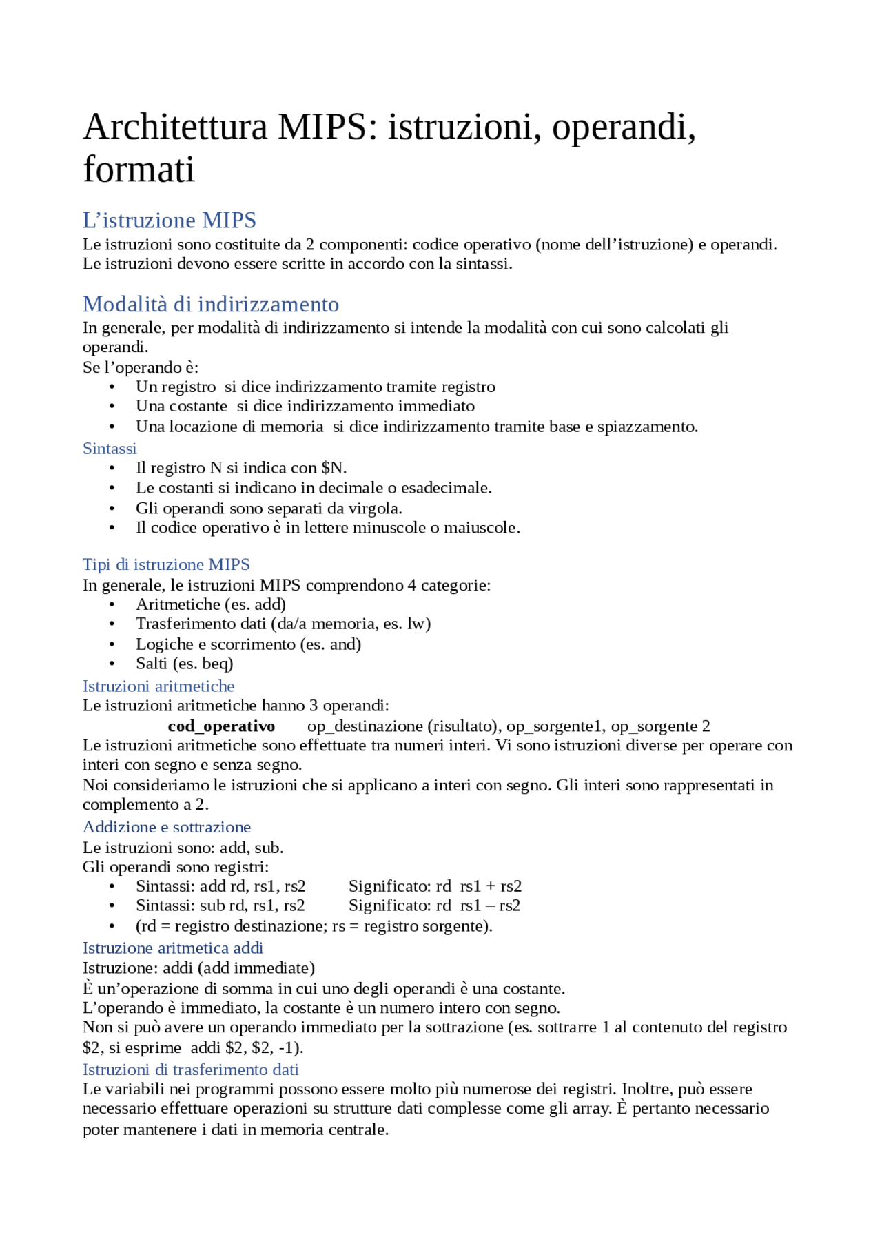 Istruzioni Assembli Mips Appunti Di Architettura Dei Calcolatori