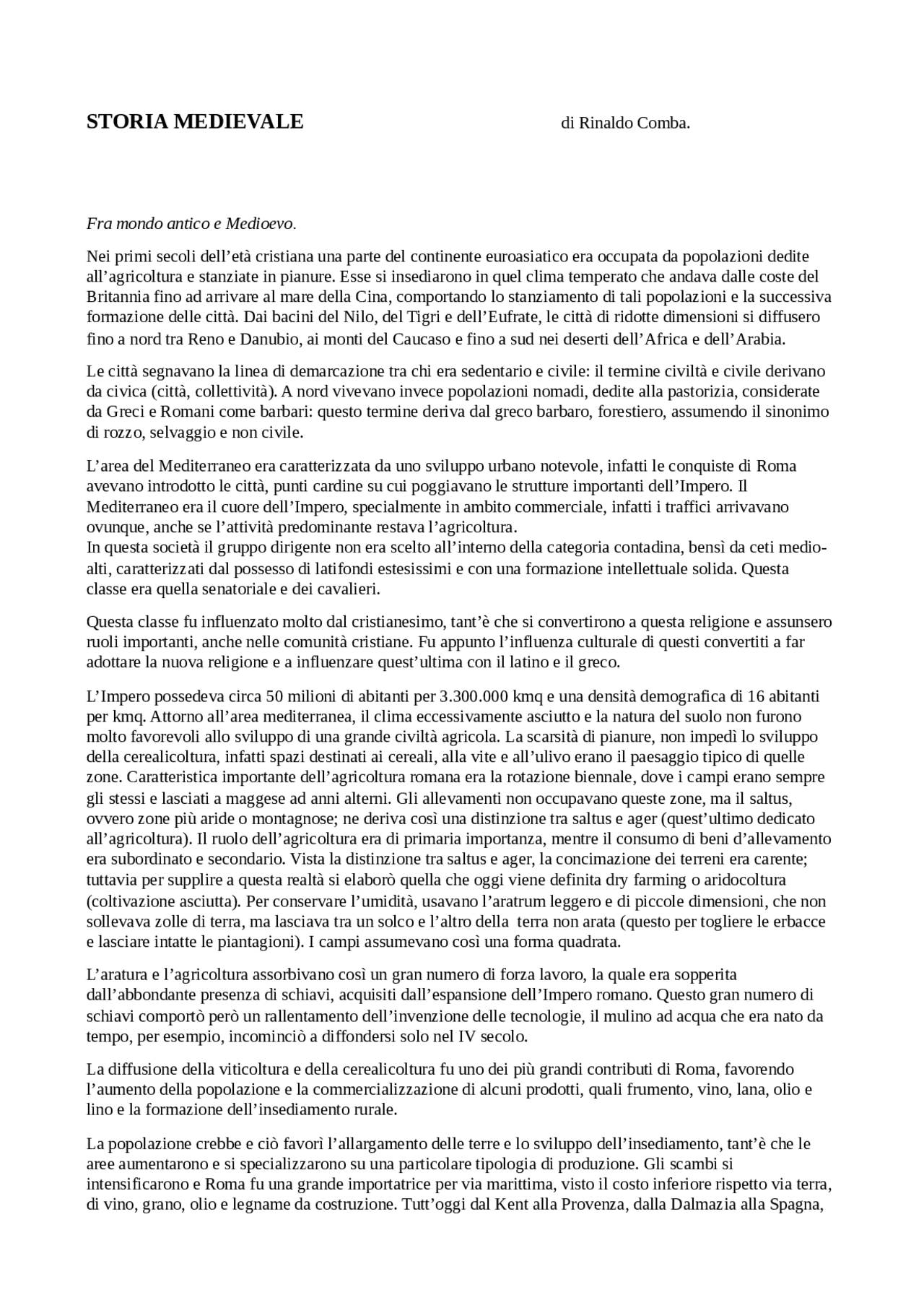 Storia Medievale Di R Comba Docsity