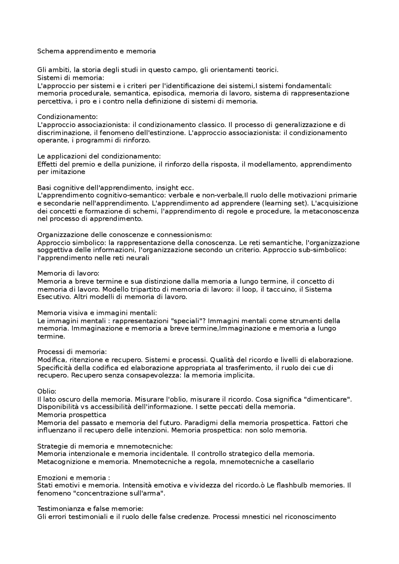 Schema Sullapprendimento E Memoria Docsity