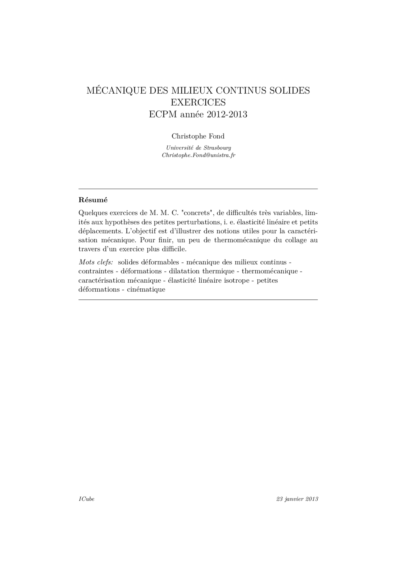 Mécanique Des Milieux Continus Solides Exercices Docsity