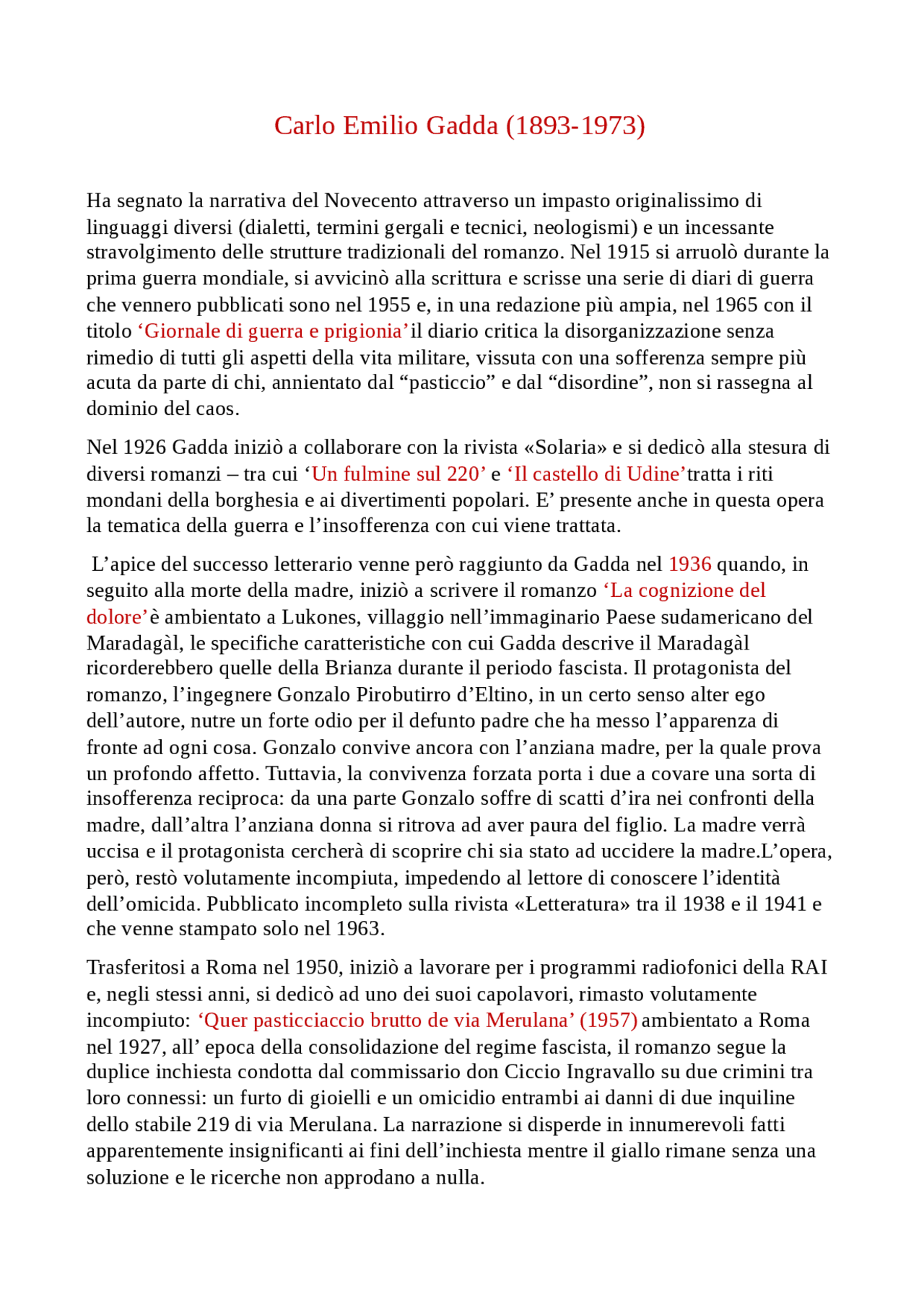 Carlo Emilio Gadda Riassunto Docsity