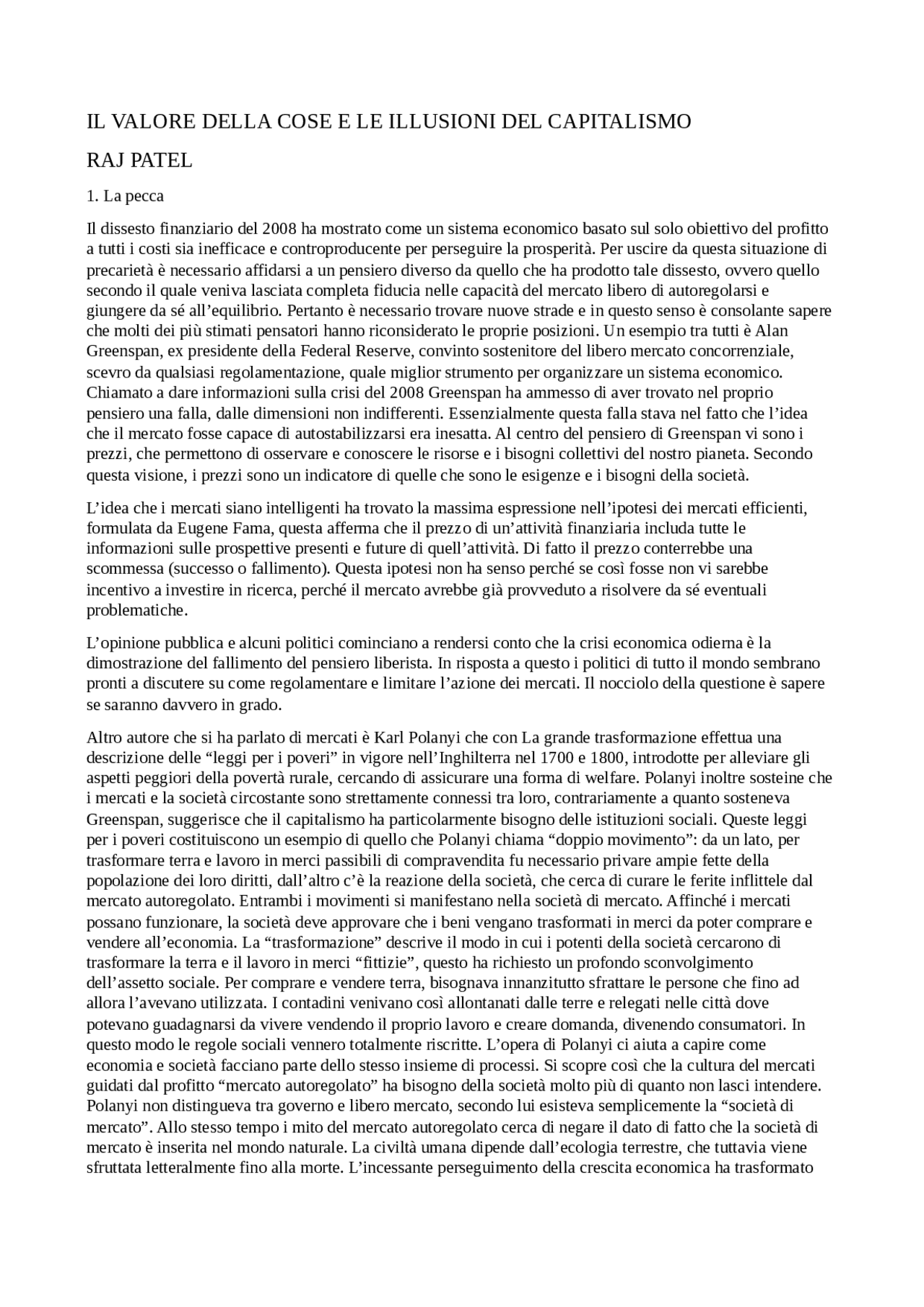 Il valore delle cose e le illusioni del capitalismo - Docsity