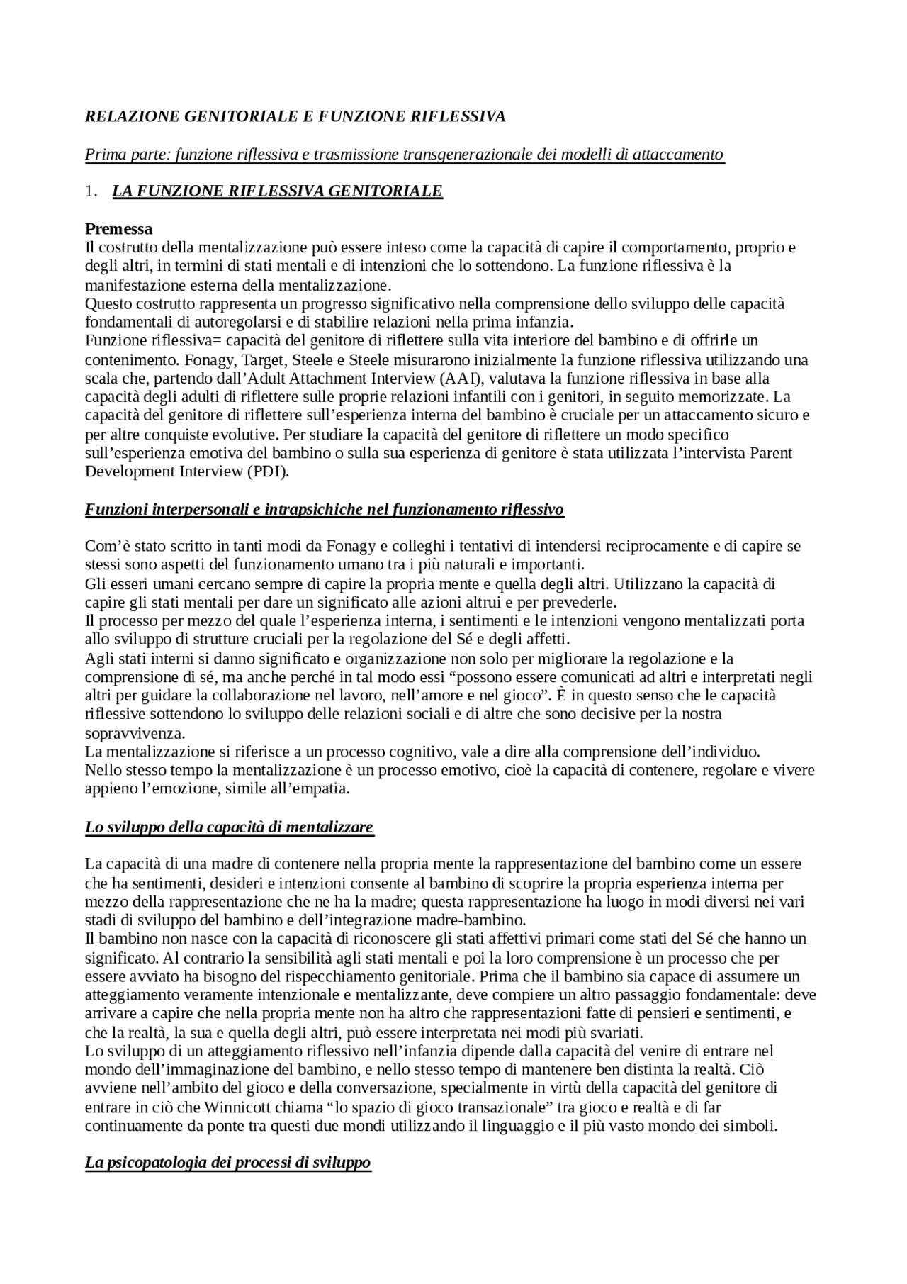 Relazione genitoriale e funzione riflessiva - Arietta Slade - Docsity