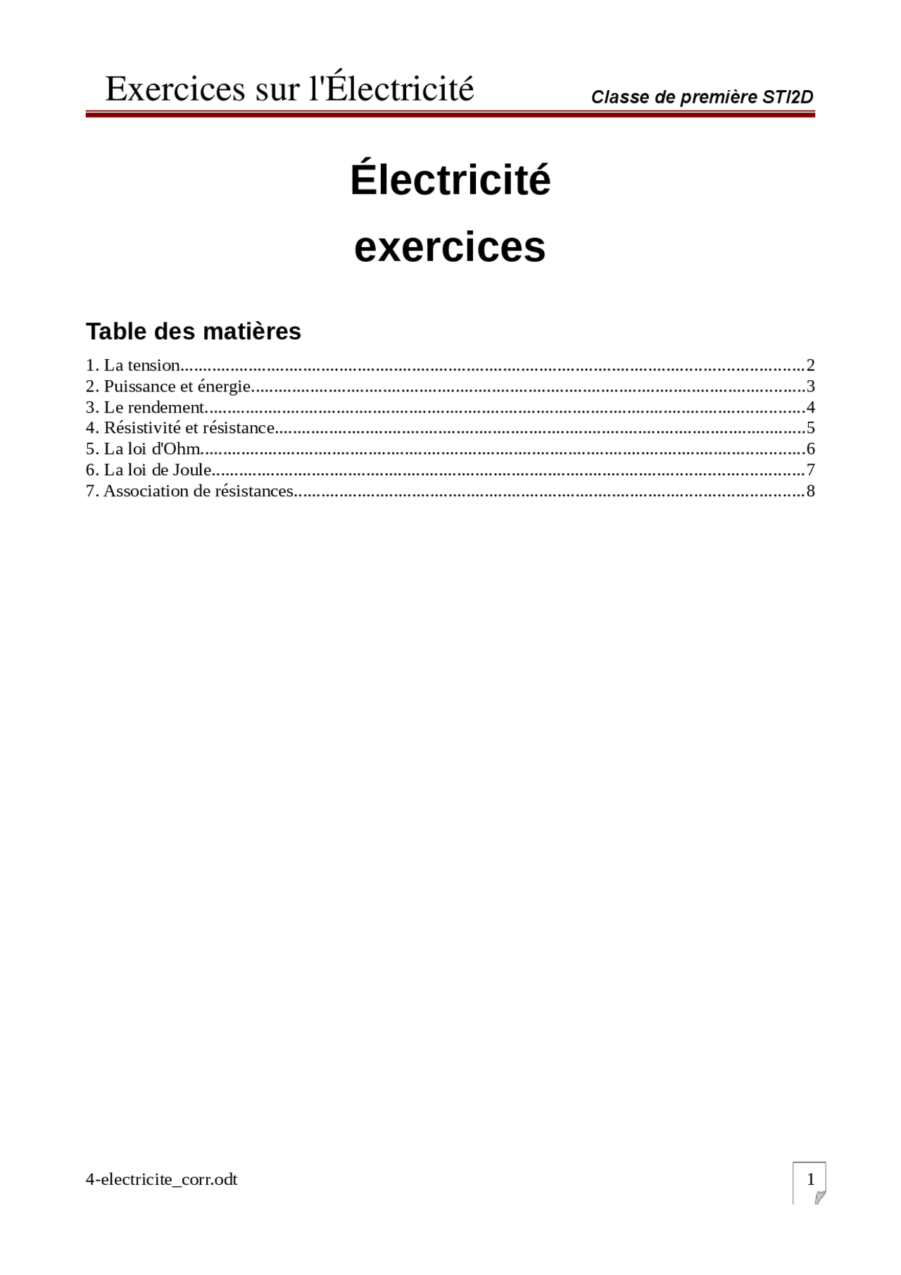 Exercices Sur Lèlectricité Classe De Première Sti2d Docsity