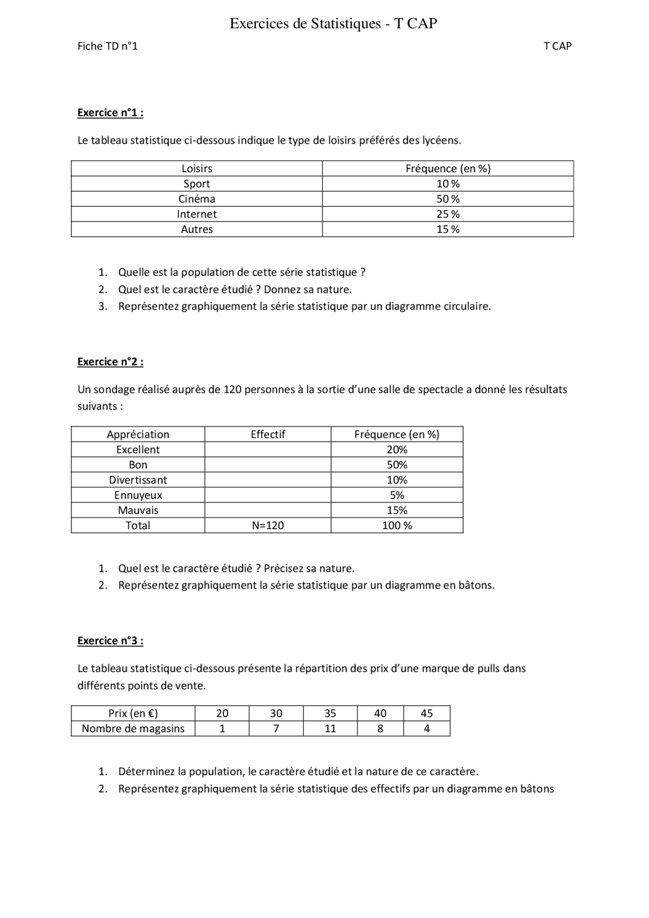 Exercices De Statistiques T Cap Docsity