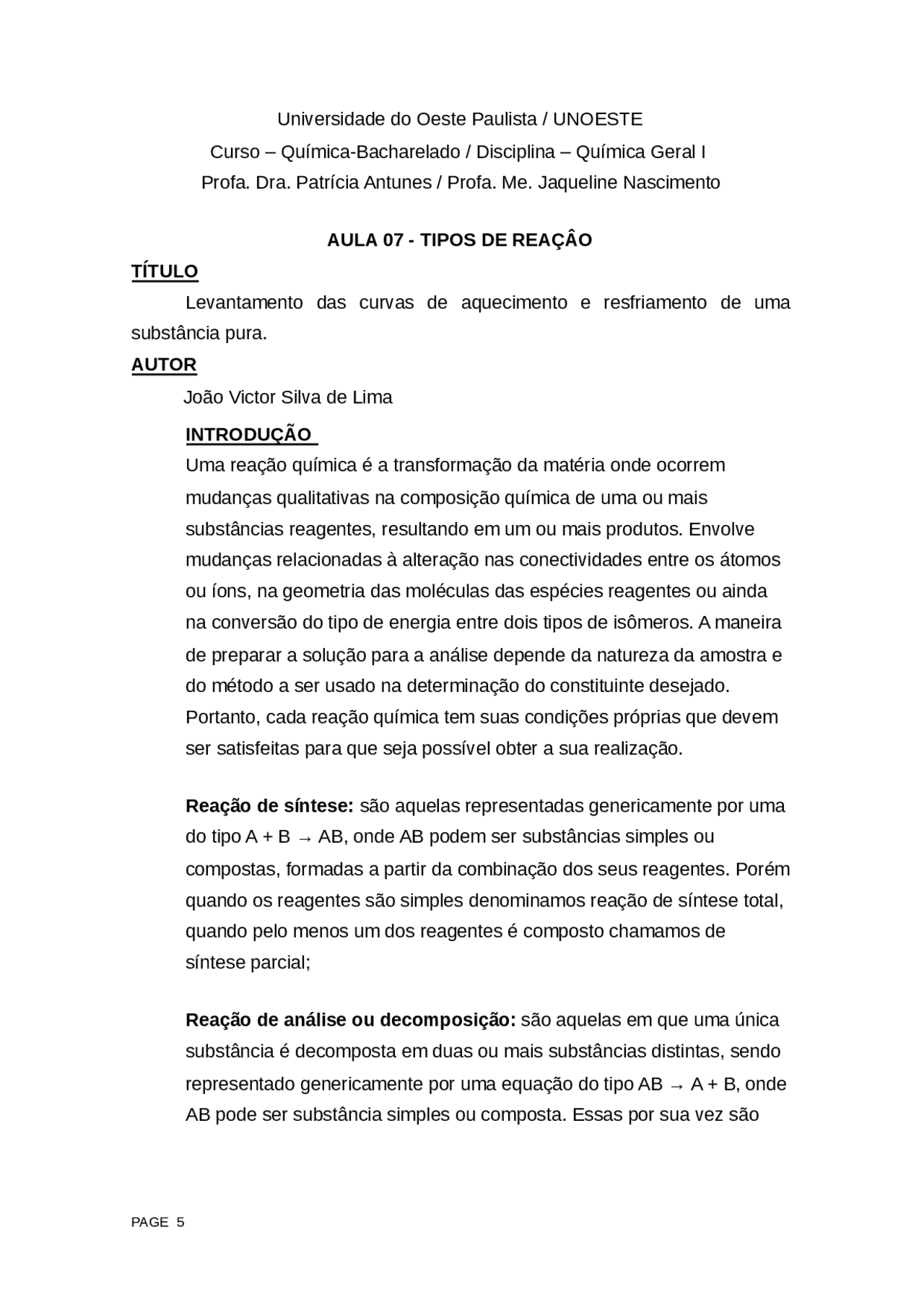 Tipos De Reações Químicas Docsity