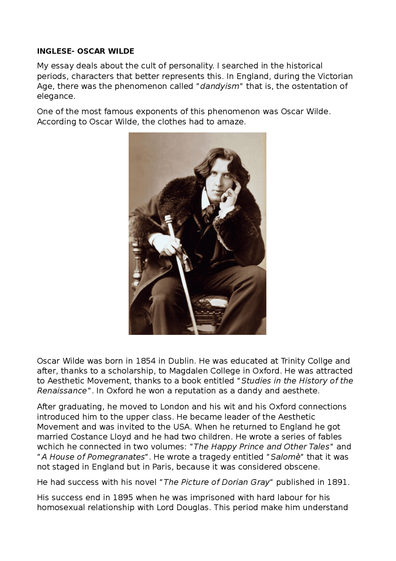 Oscar Wilde The Picture Of Dorian Gray Appunti Di Inglese Docsity
