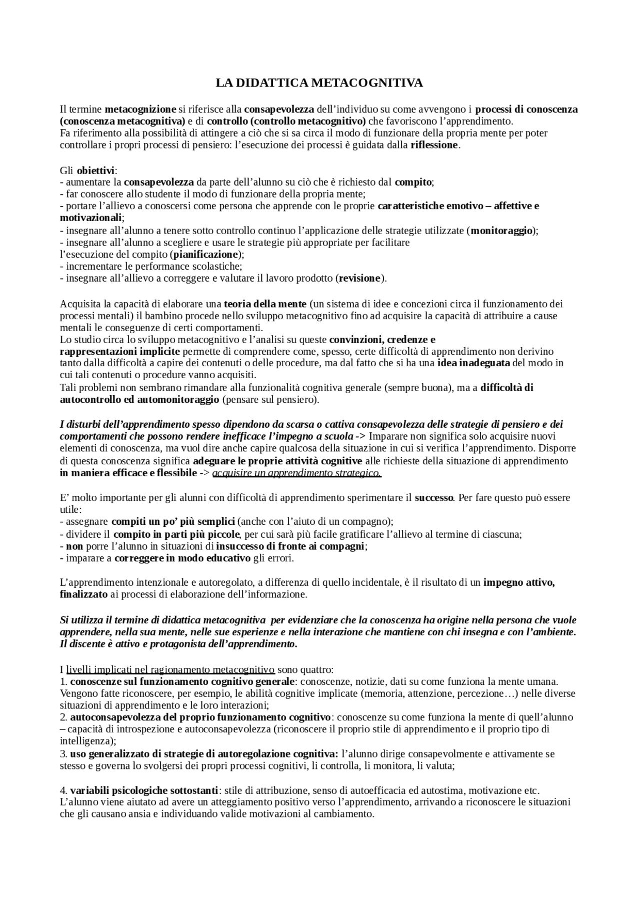 La Didattica Metacognitiva Dispense Di Pedagogia Docsity