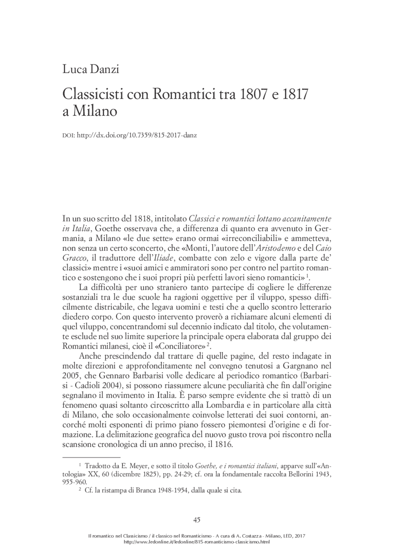 Romanticismo Classicismo Docsity