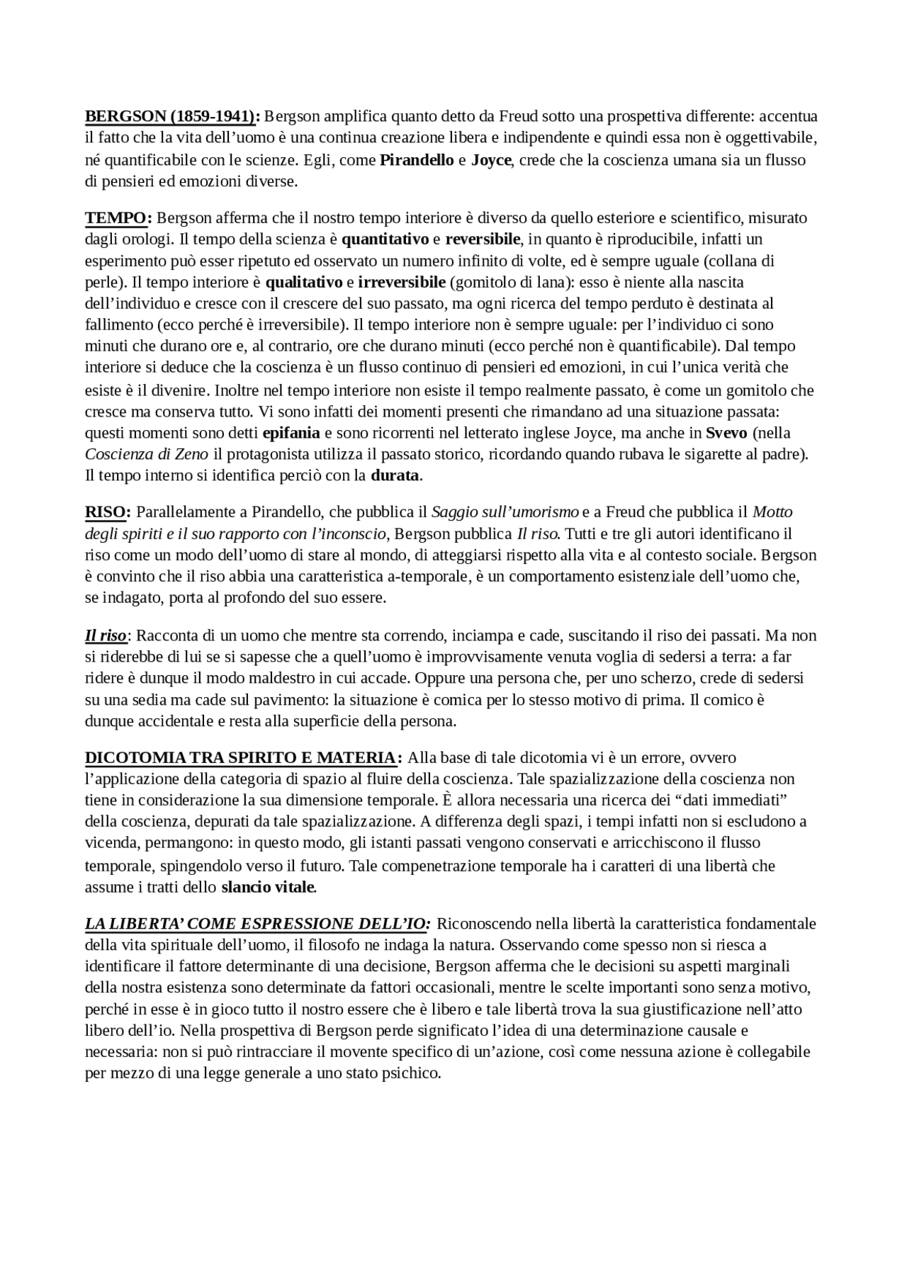Henri Bergson Opere E Pensiero Docsity