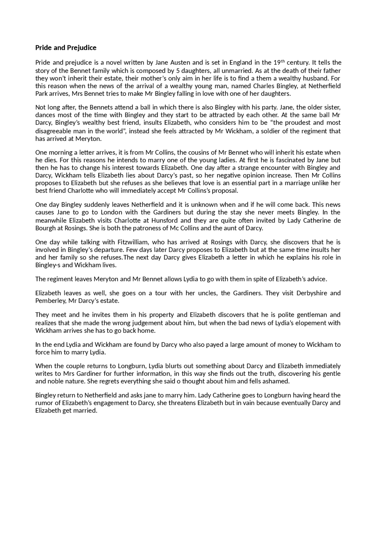 Pride and prejudice - plot - Docsity