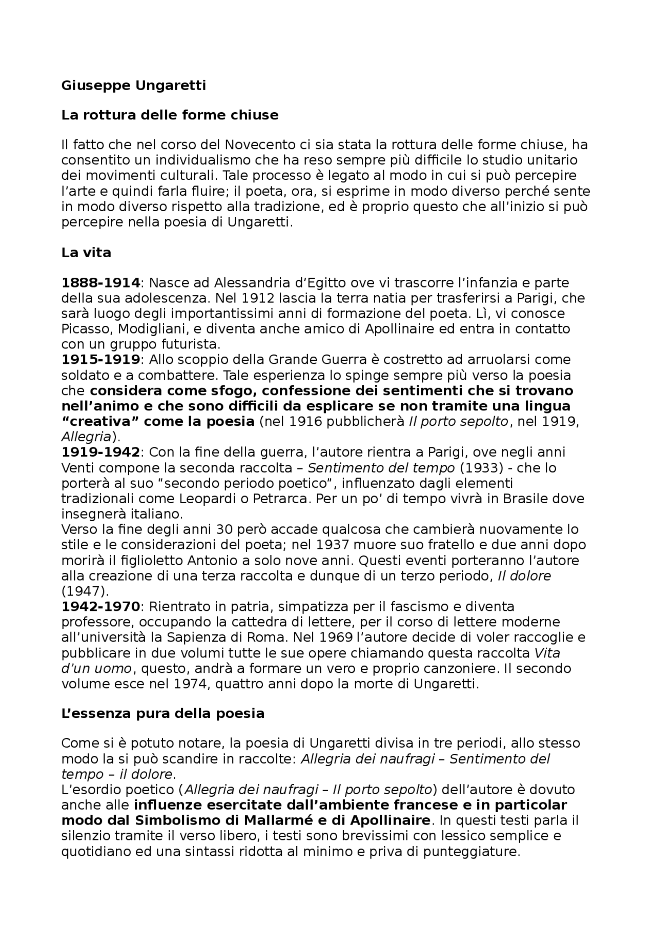Riassunto Giuseppe Ungaretti Docsity