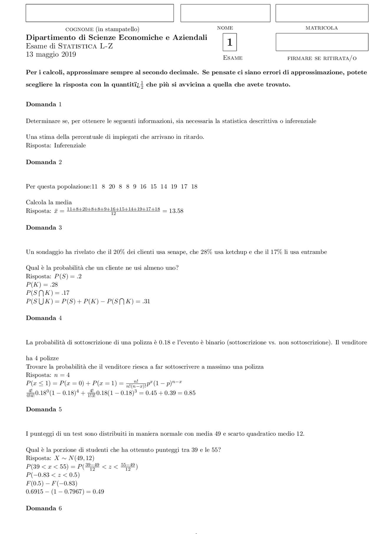 Esame Di Statistica Soluzione Docsity