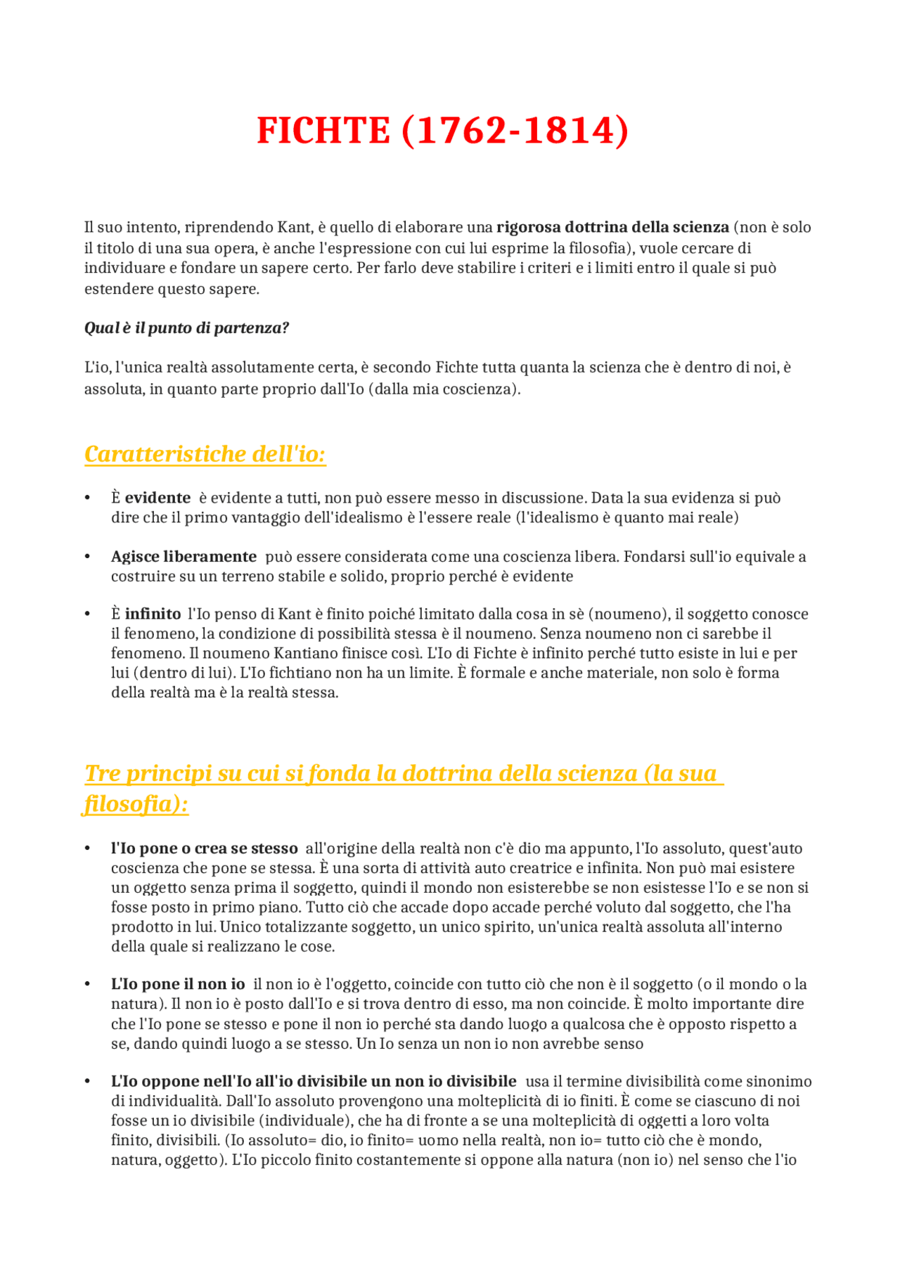 Fichte. Filosofia principale - Docsity