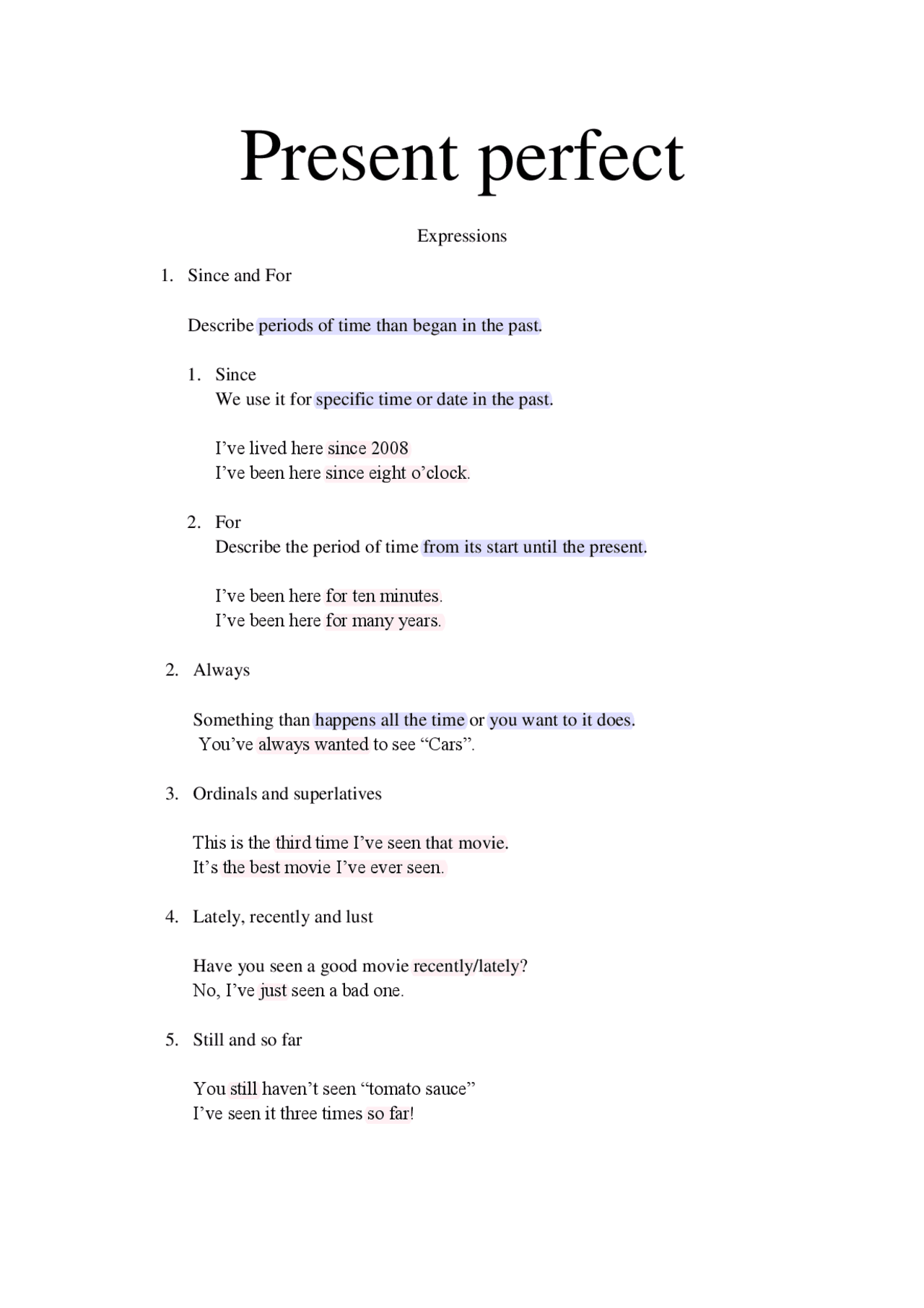 Present perfect expressions - Docsity