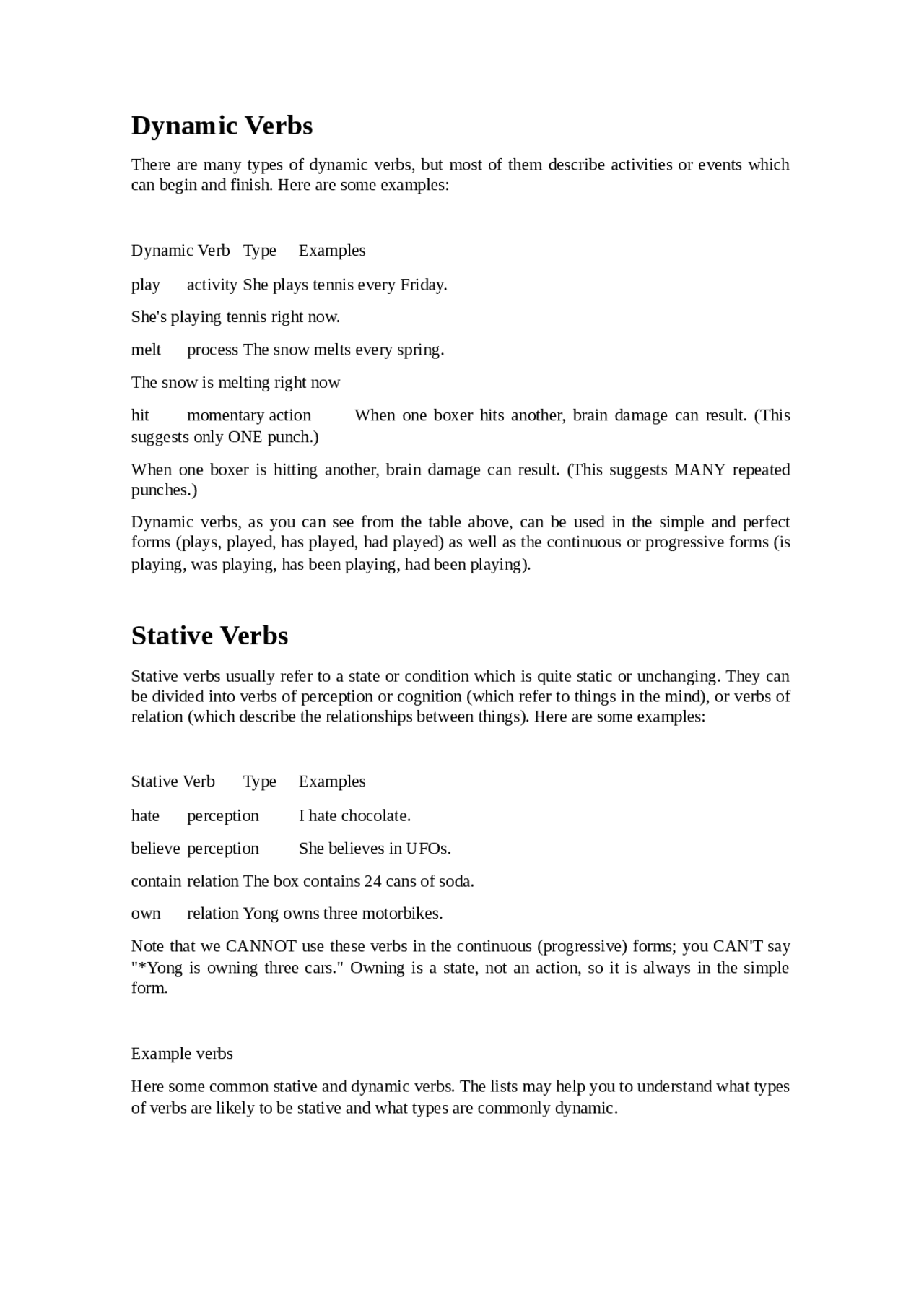 Stative and dynamic verbs - Docsity