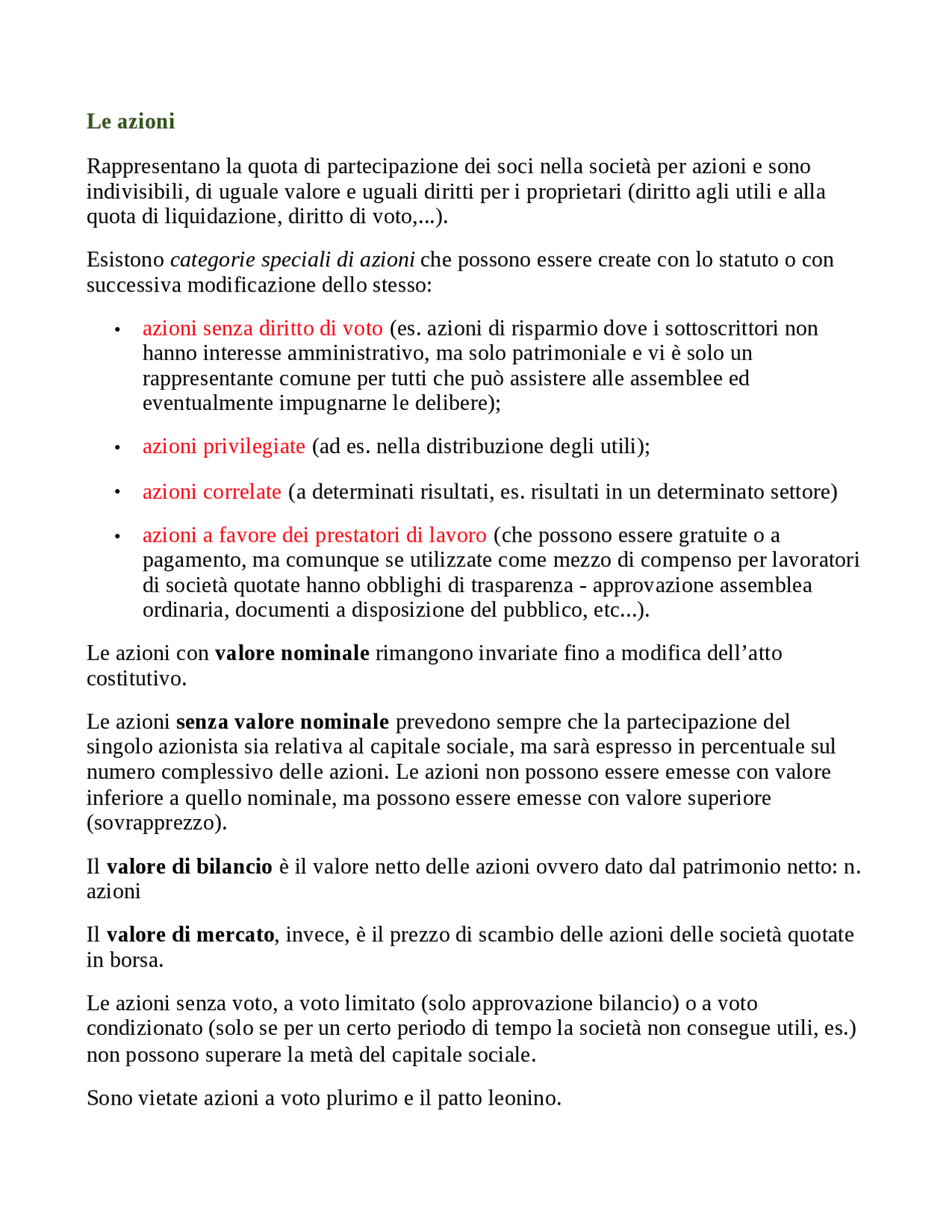 Appunti Schemi Sulle Azioni Docsity