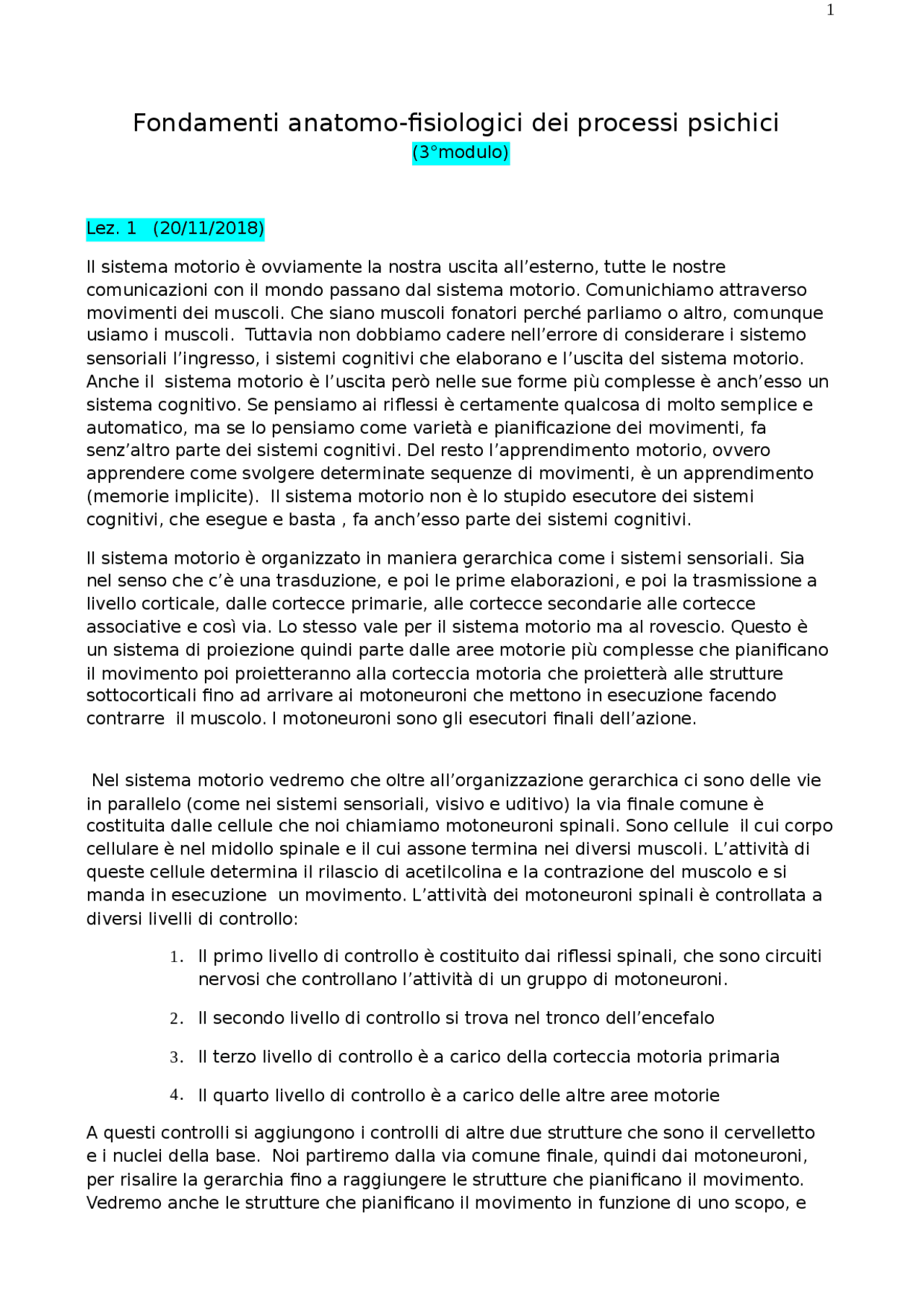 Fondamenti anatomo-fisiologici dei processi psichici (3° Modulo; lezioni 1-2) - Docsity