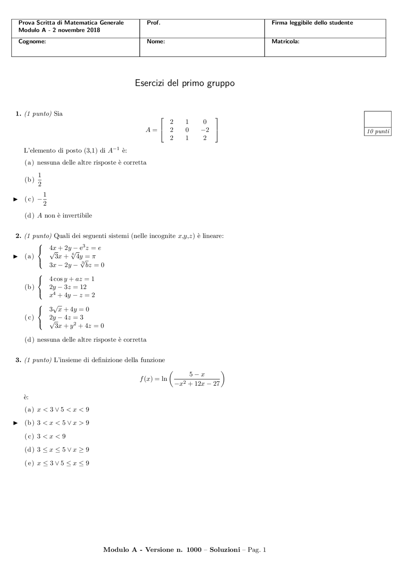 Matematica generale primo anno - Docsity