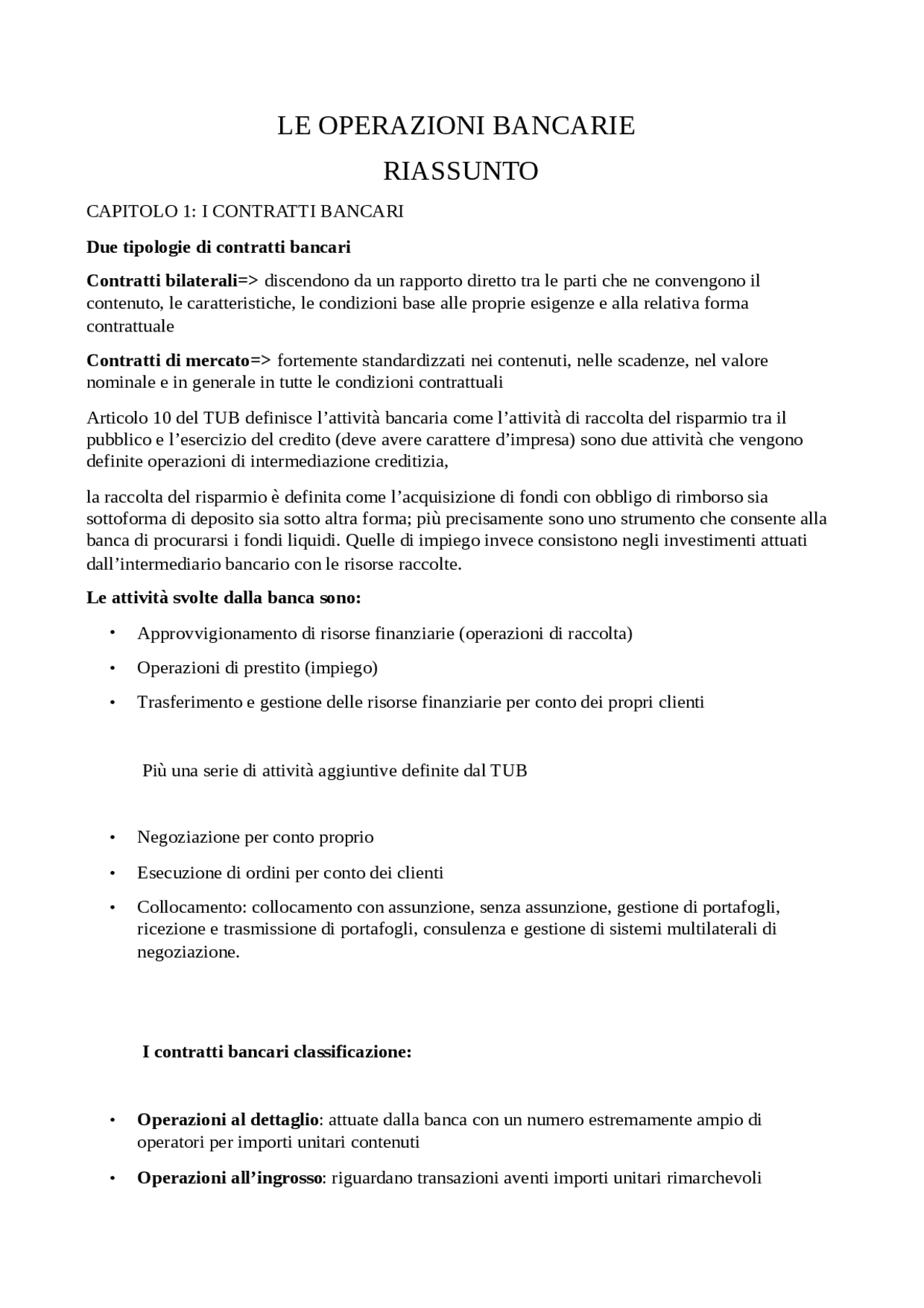 Le Operazioni Bancarie Riassunto Docsity