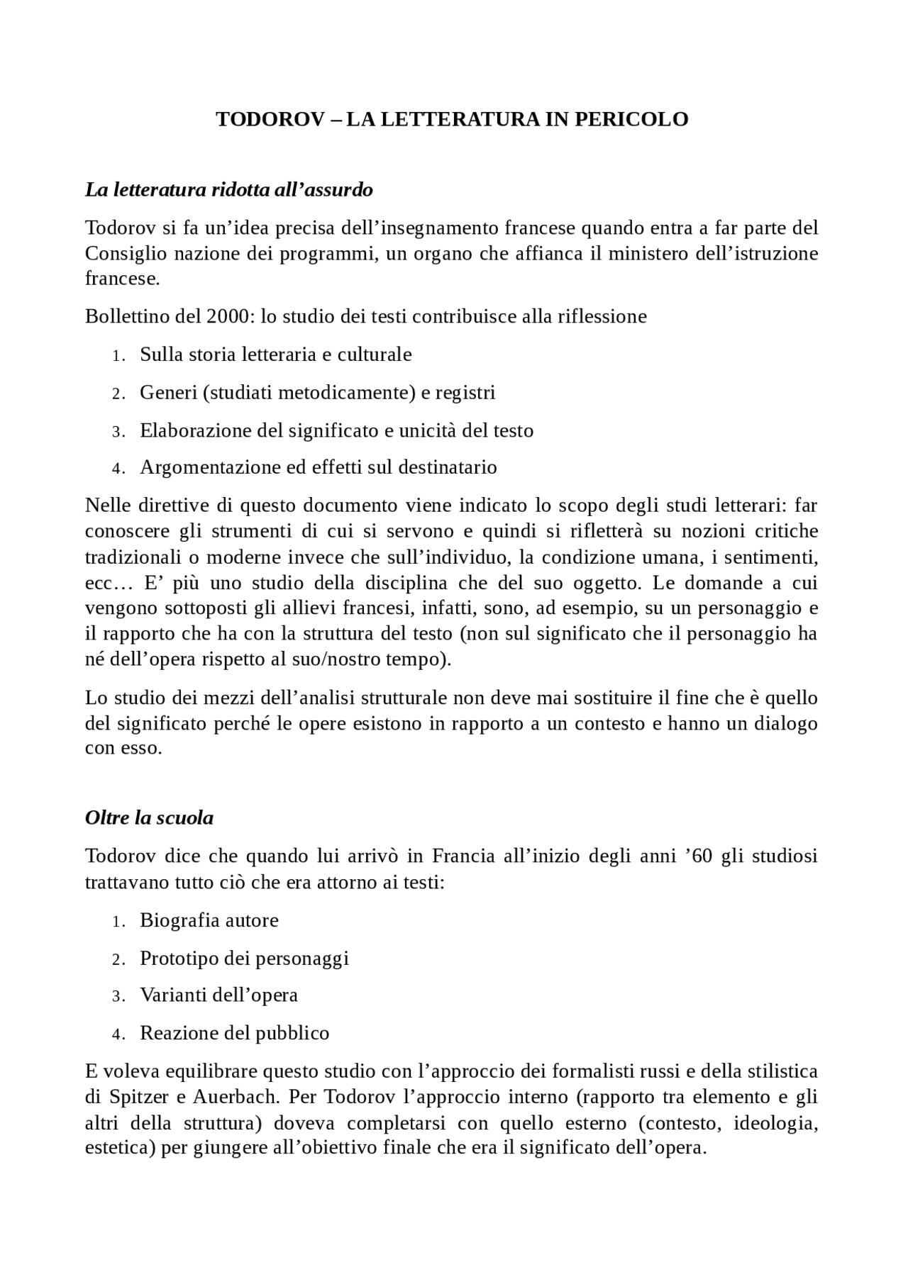 La Letteratura In Pericolo Todorov Docsity